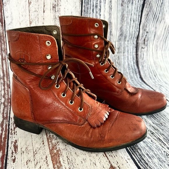 Ariat Ariat Red/Tan Leather Lace-Up Combat Boots with Fringe | Grailed