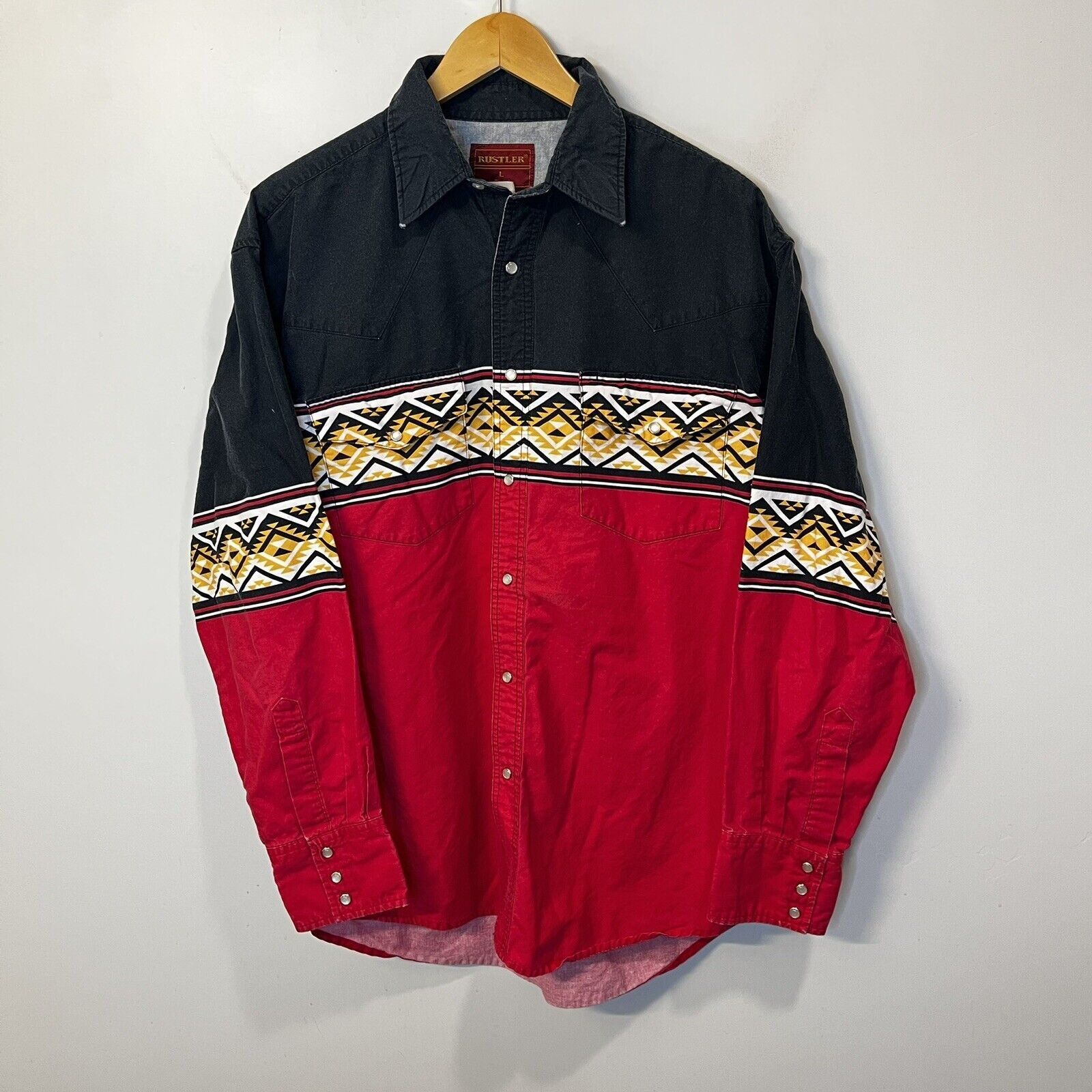 Vintage Vintage Rustler Wrangler Aztec Western Cowboy Pearl Snap Red ...