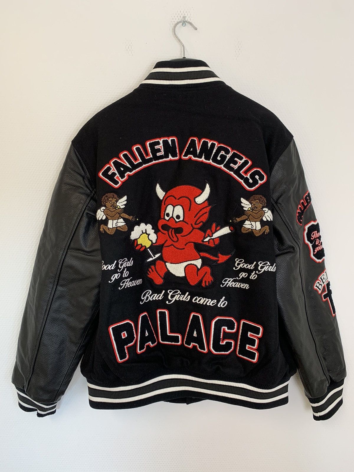 Palace fallen angels varsity jacket leather black | Grailed