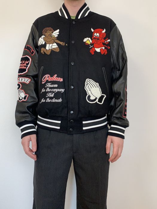 Palace fallen angels varsity jacket leather black | Grailed