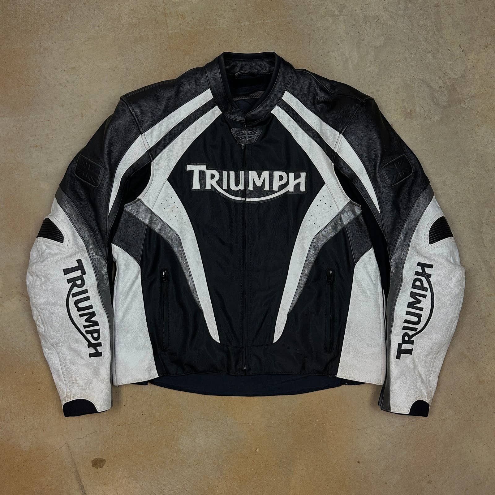 Vintage 00s Black White Triumph Leather Motorcycle Riding Jacket U30 ...