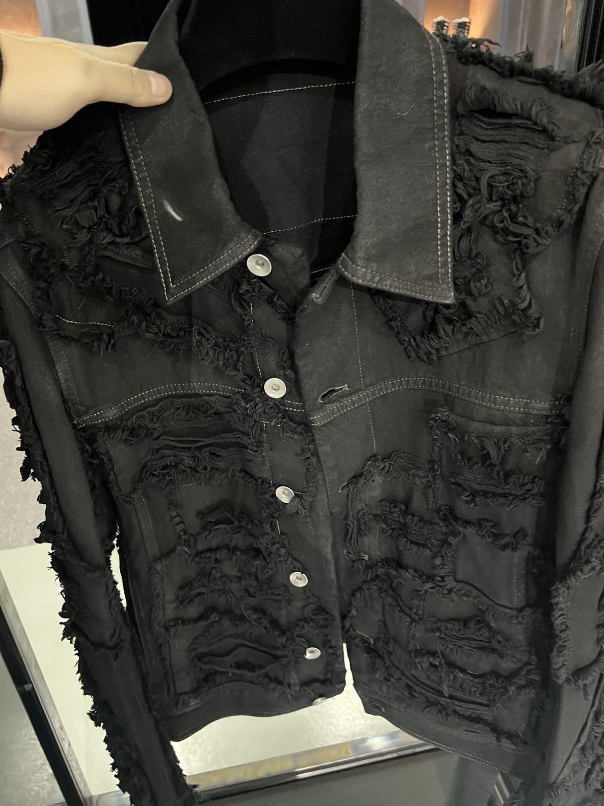 Rick Owens Rick Owens cropped distressed patchwork worker jacket | Grailed