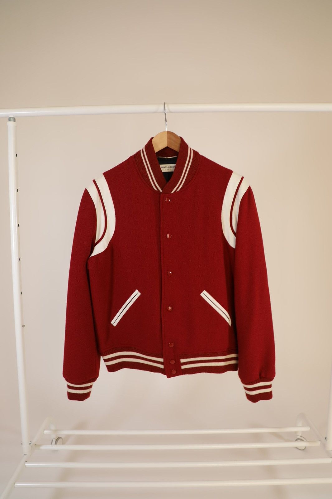Saint Laurent Paris SLP RED TEDDY BOMBER VARSITY JACKET | Grailed