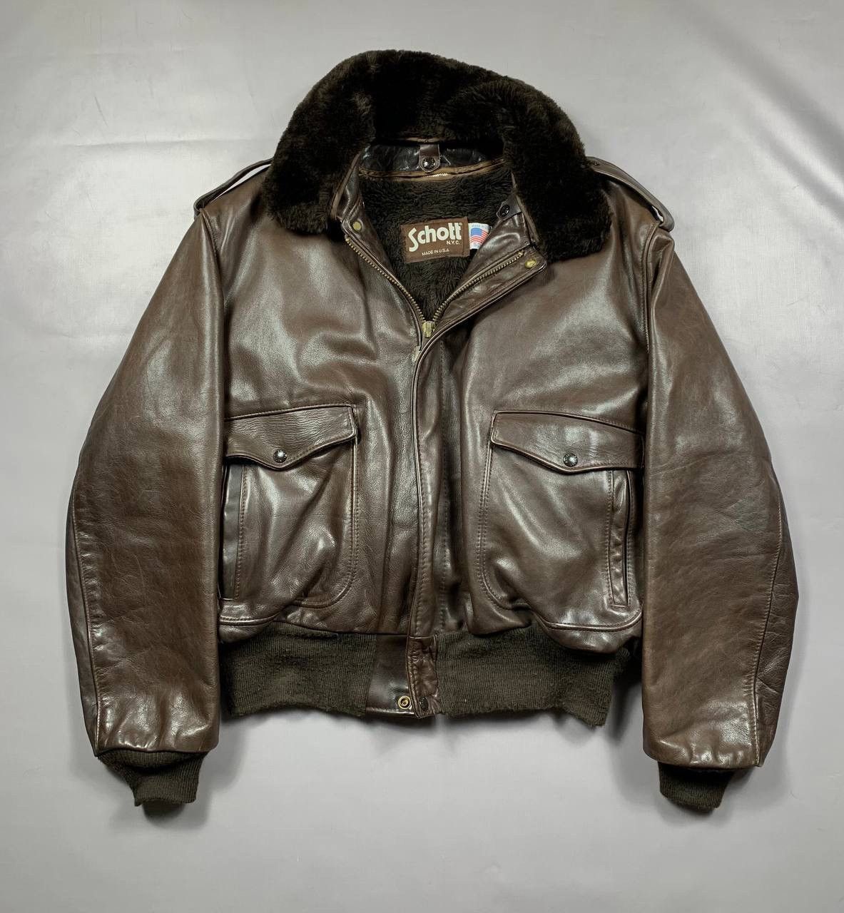Schott × Vintage Vintage 90s Schott brown leather pilot bomber jacket ...