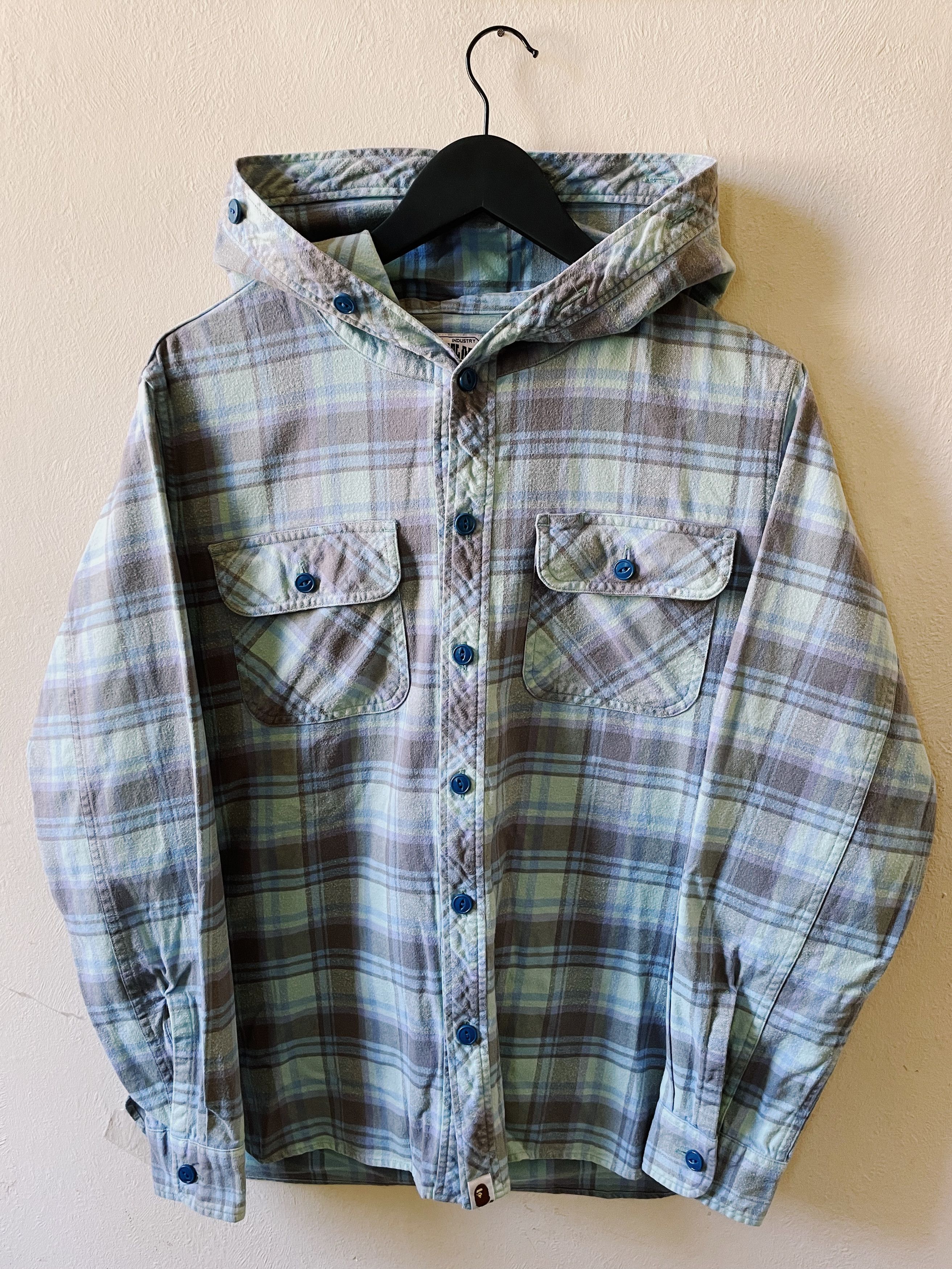 Bape Bape A Bathing Ape Hooded Flannel Shirt Baby Blue / Purple | Grailed