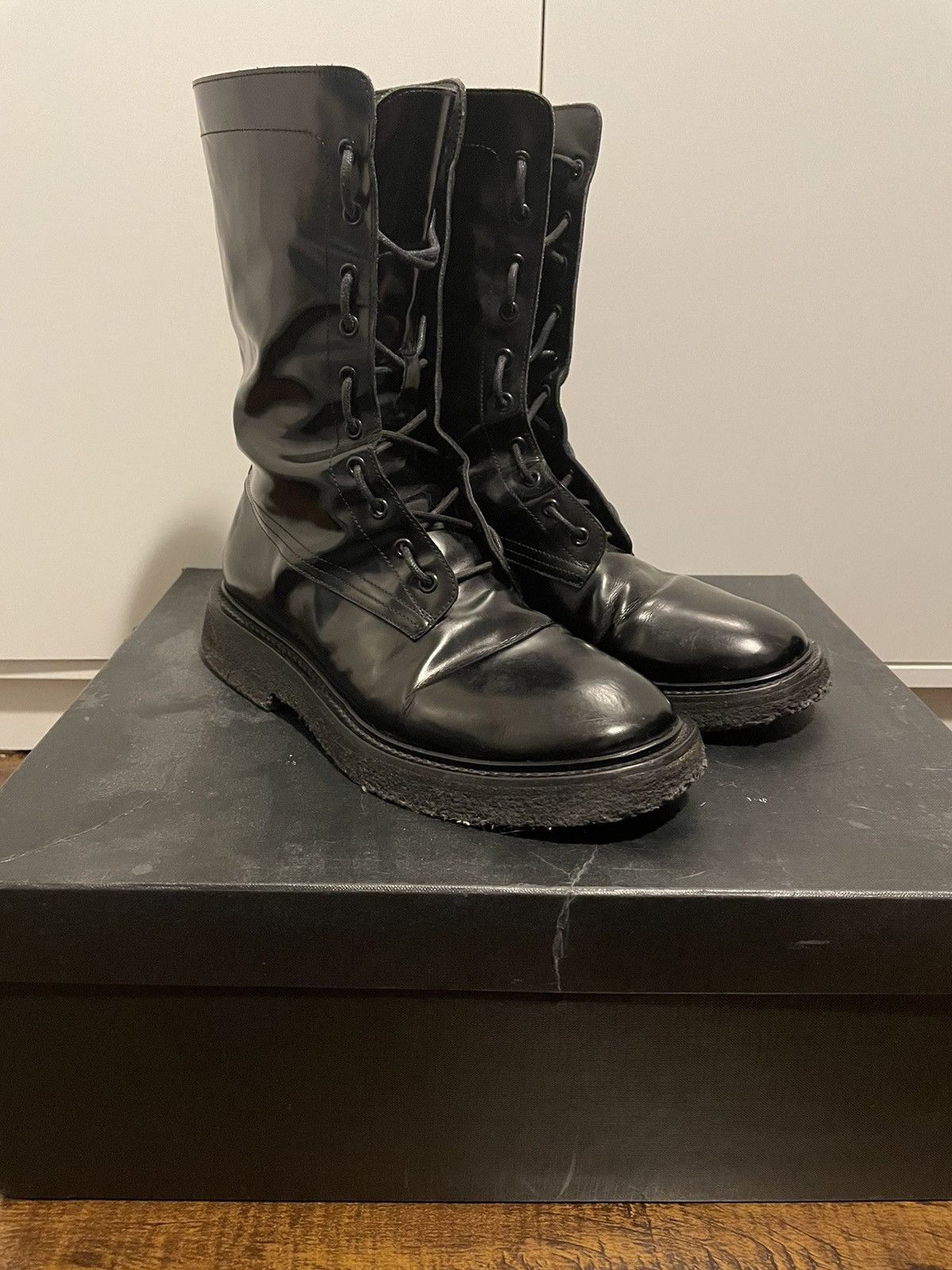 From The First From the First Black Hi-Shine Combat Boot | Grailed