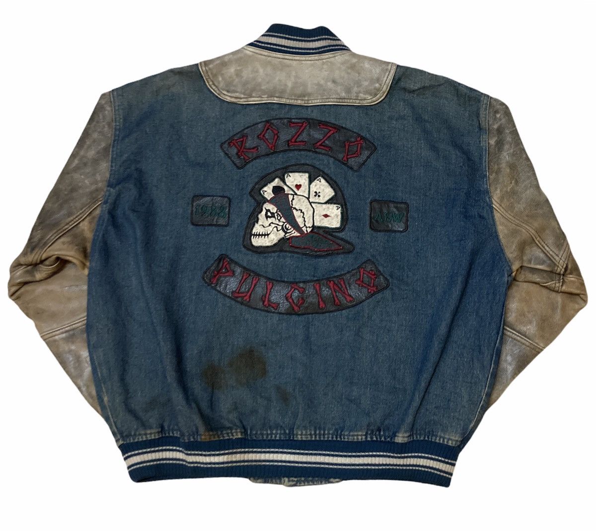 Japanese Brand × Varsity Jacket RAZZO PULCINO LEATHER ARM DENIM VARSITY ...