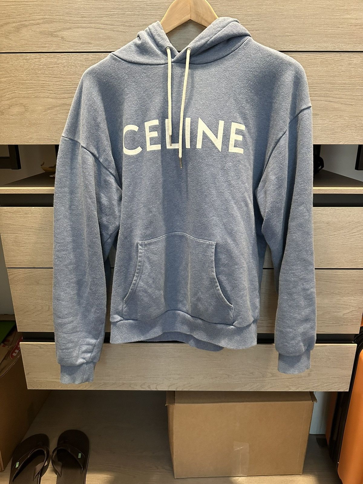 Celine BLUE CELINE LOGO HOODIE DRAWSTRING PULLOVER | Grailed