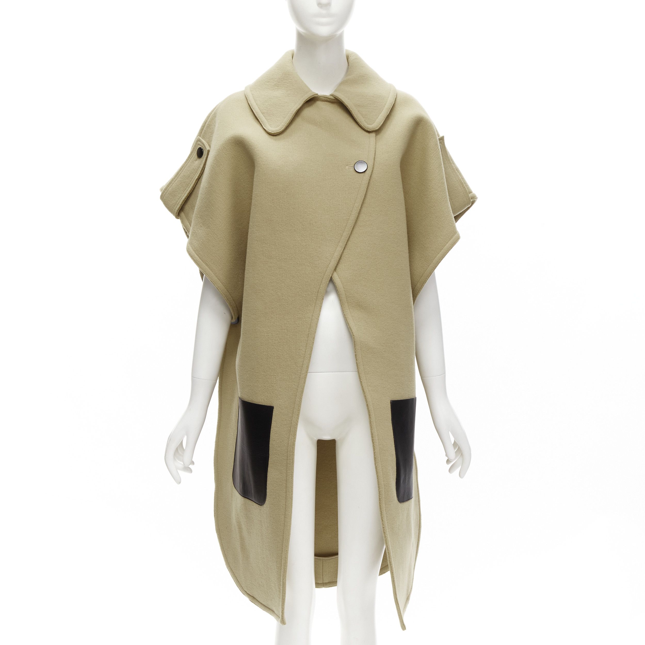 Celine OLD CELINE Phoebe Philo black leather pocket camel wool poncho ...