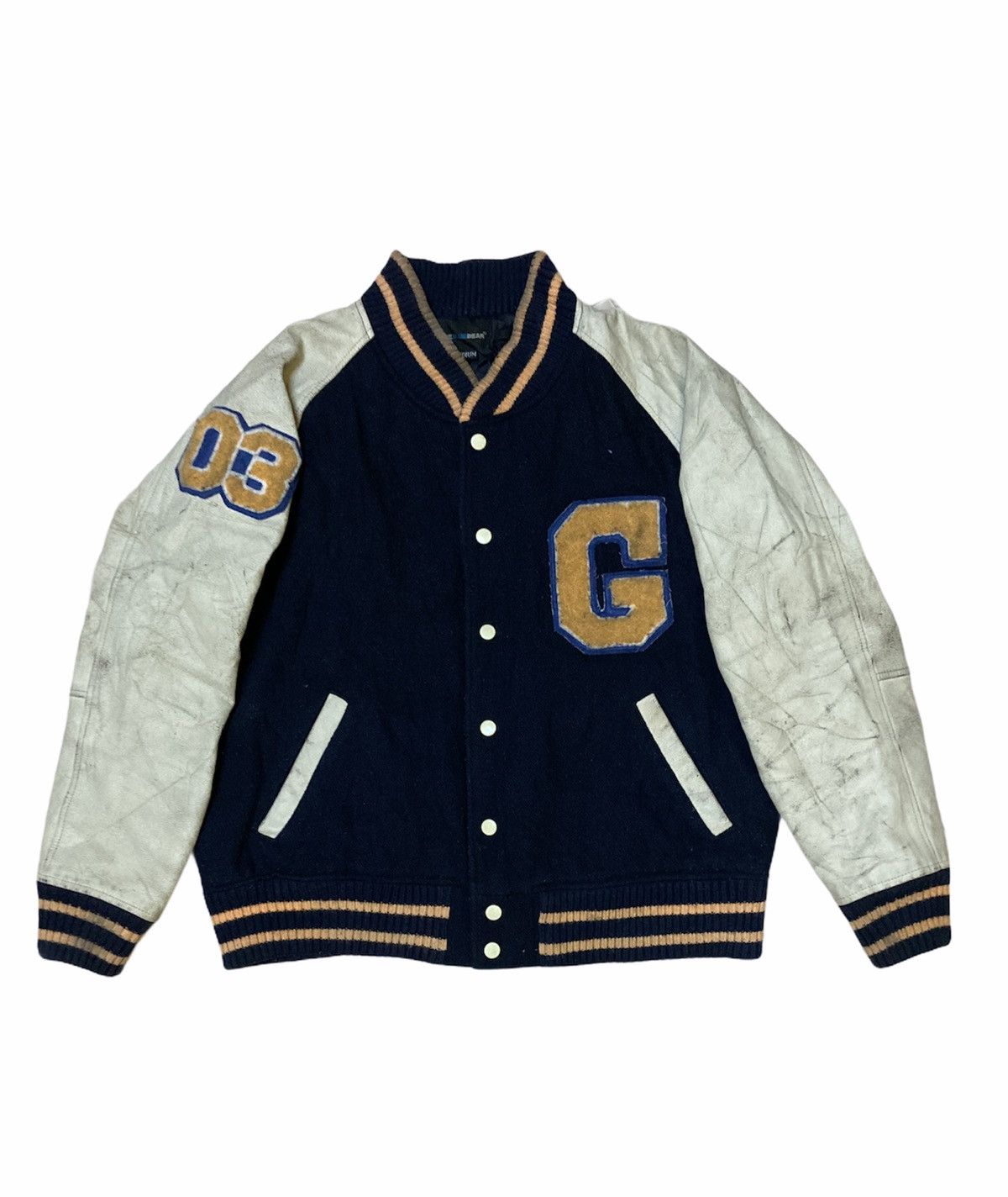 Japanese Brand × Varsity Jacket The Blue Bear Leather Arm Varsity ...