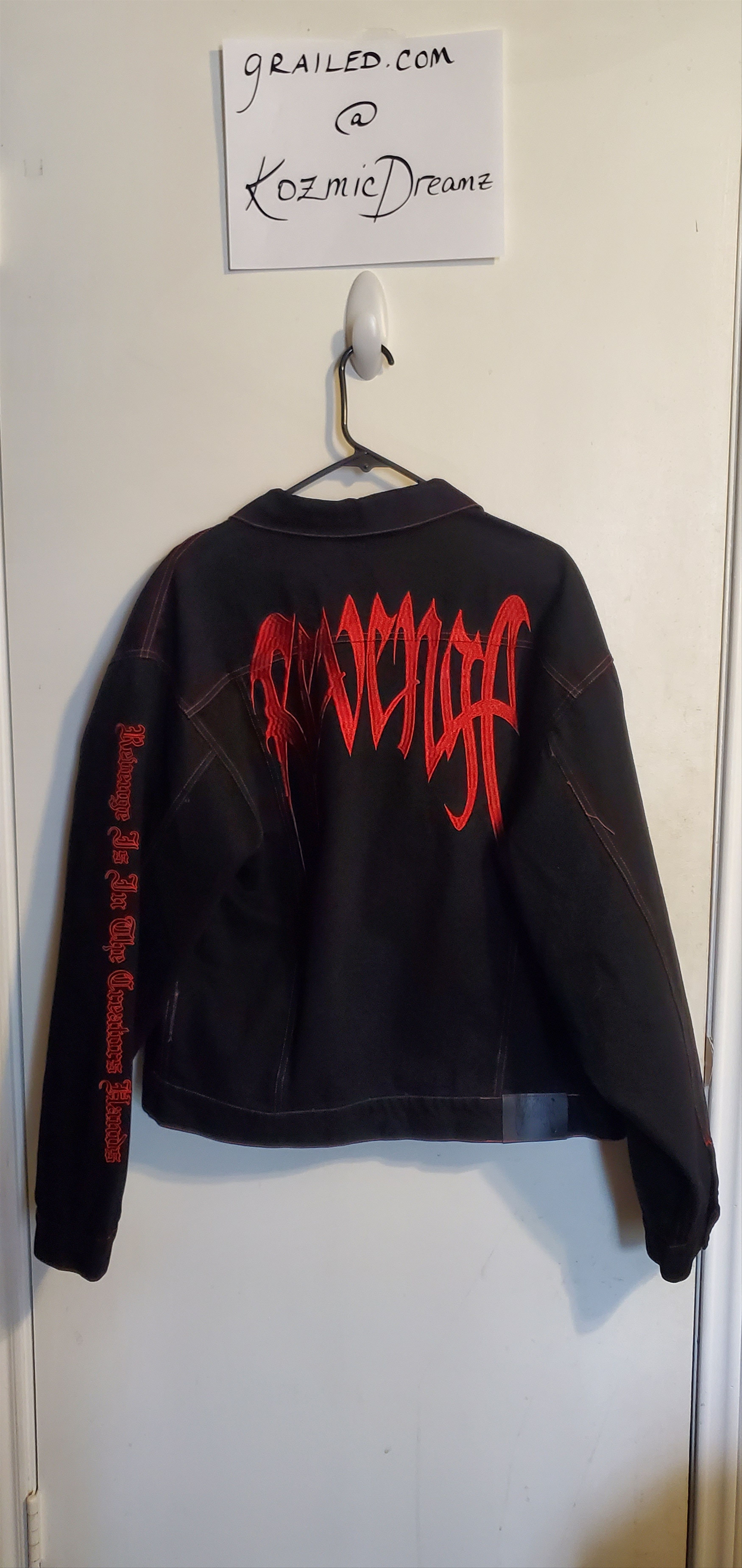 Revenge REVENGE RED EMBROIDERED LOGO BLACK DENIM JACKET | Grailed