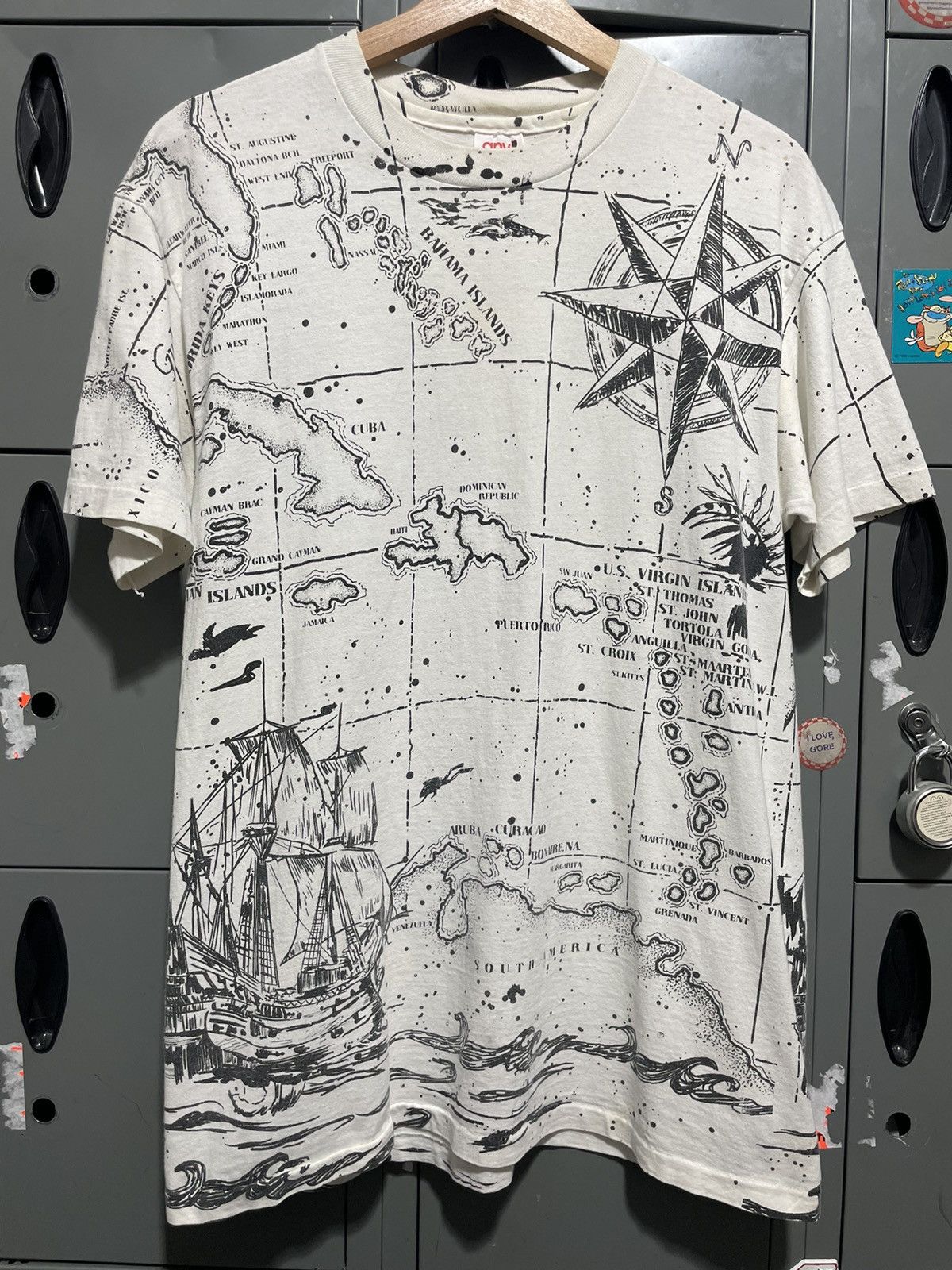 Vintage 90s Map all over print Caribbean pirate ship single stitch ...