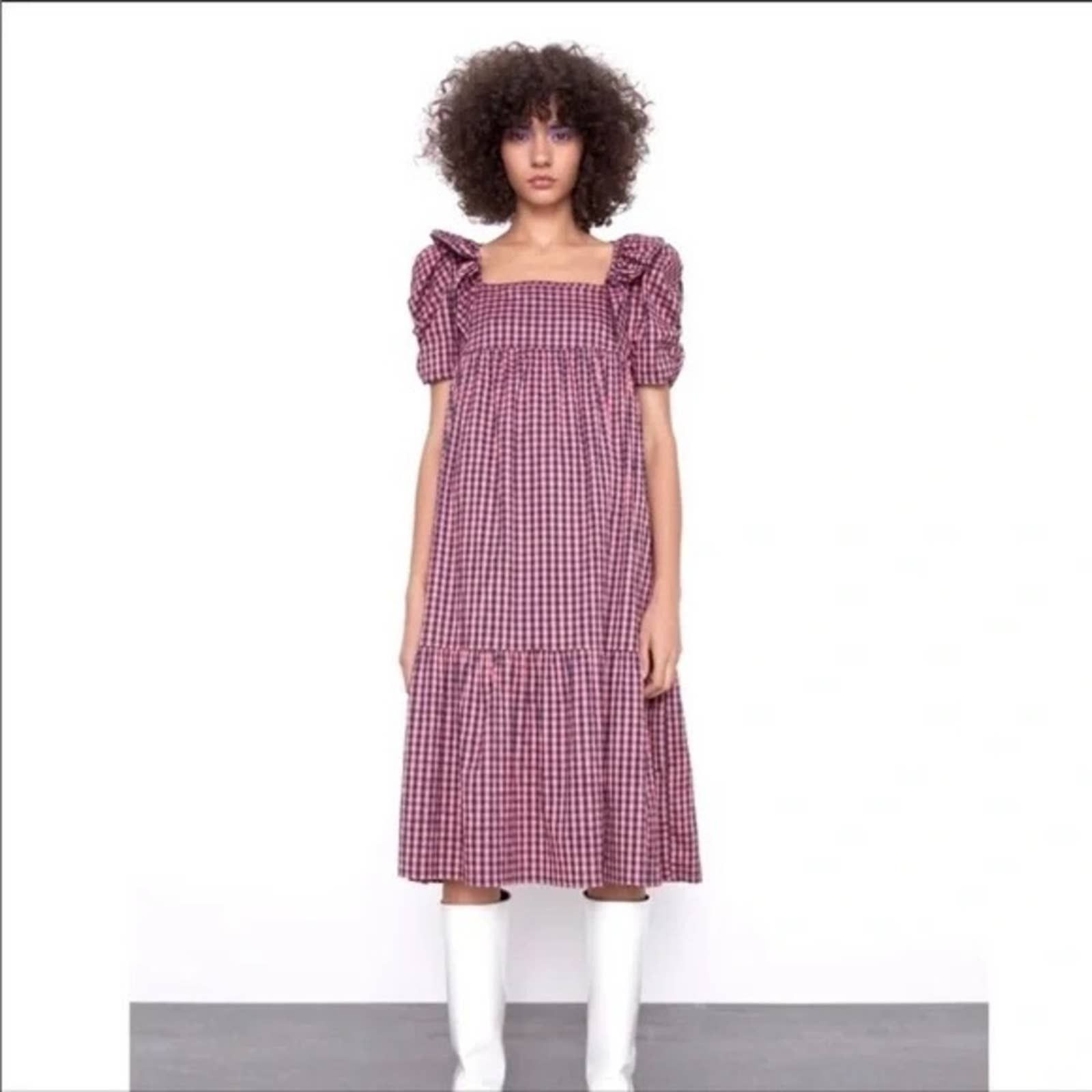 Zara Zara Pink Gingham Square Neck Ruffle Puff Sleeve Midi Dress | Grailed