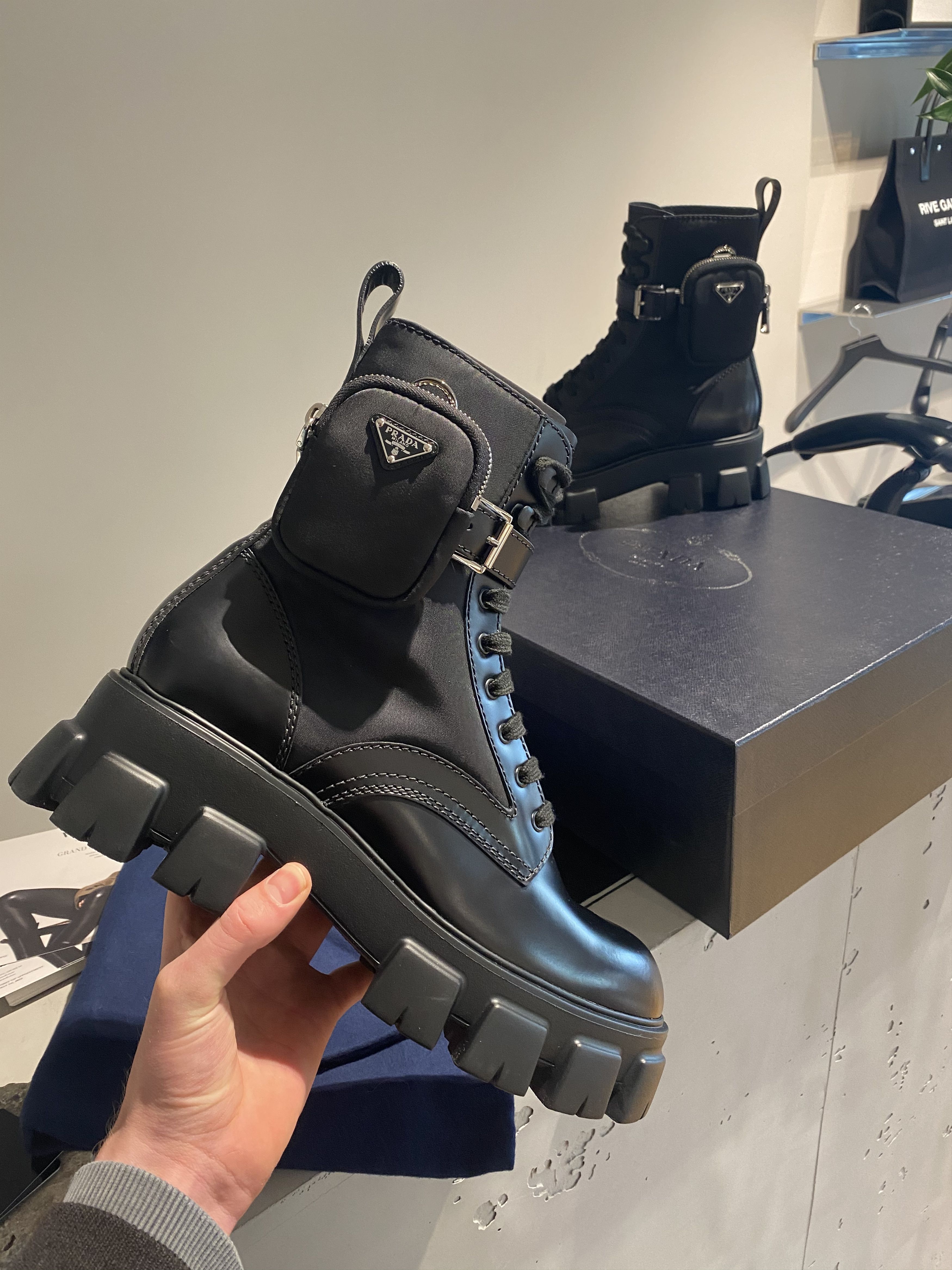 Prada BNWT Prada Logo Combat Boots ankle pouch | Grailed