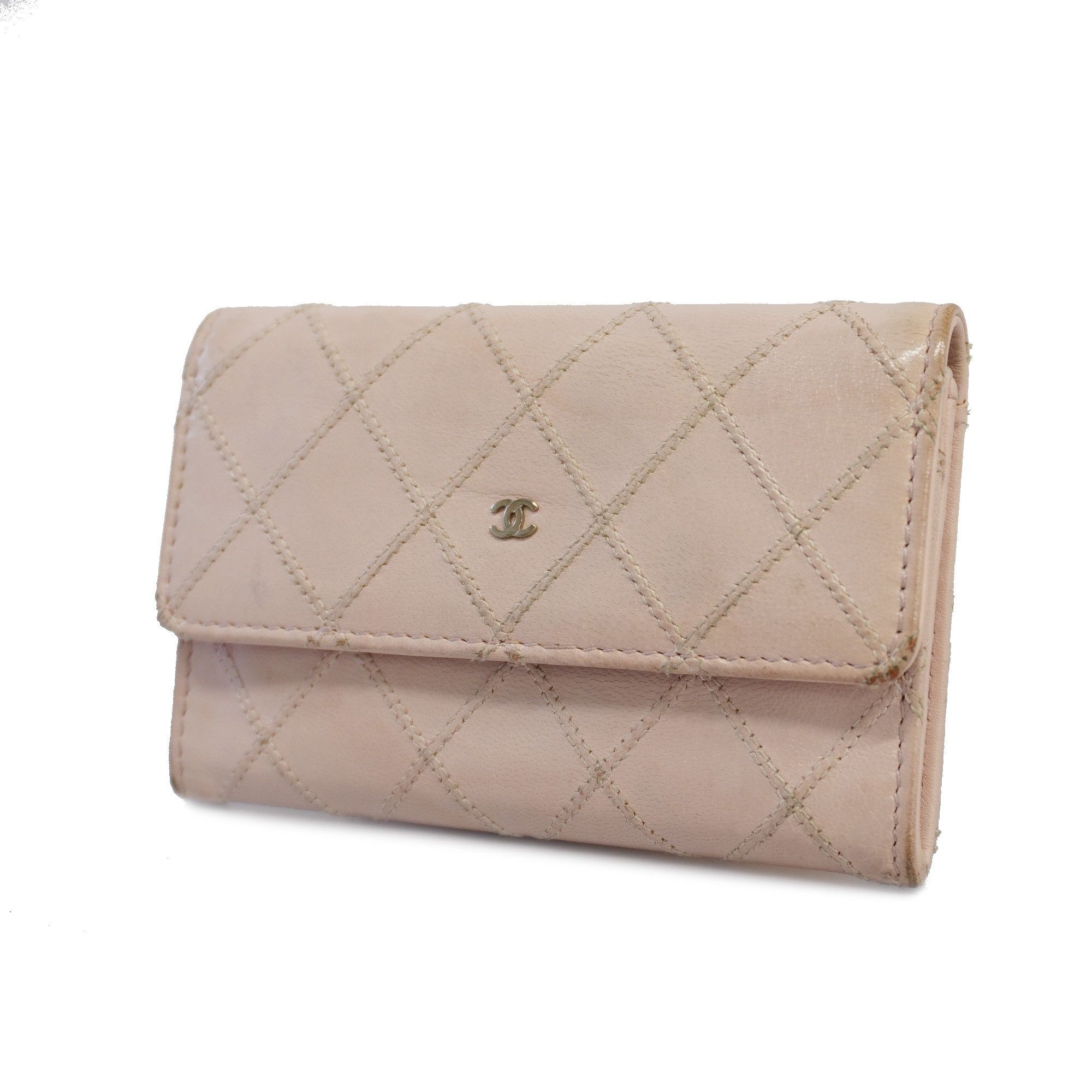 Chanel Auth Chanel coin case bicolore leather light pink silver metal ...