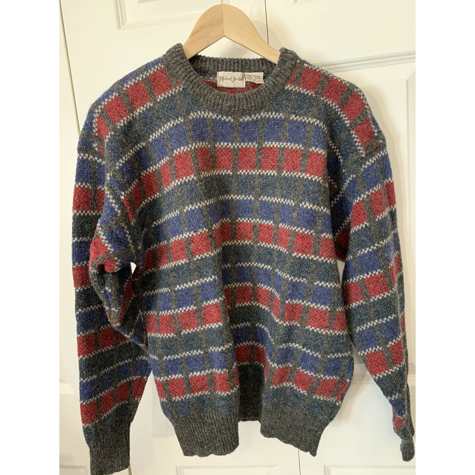 Vintage Vtg MICHAEL JORDAN Sweater 100% Wool-blue Red Gray Geometric ...