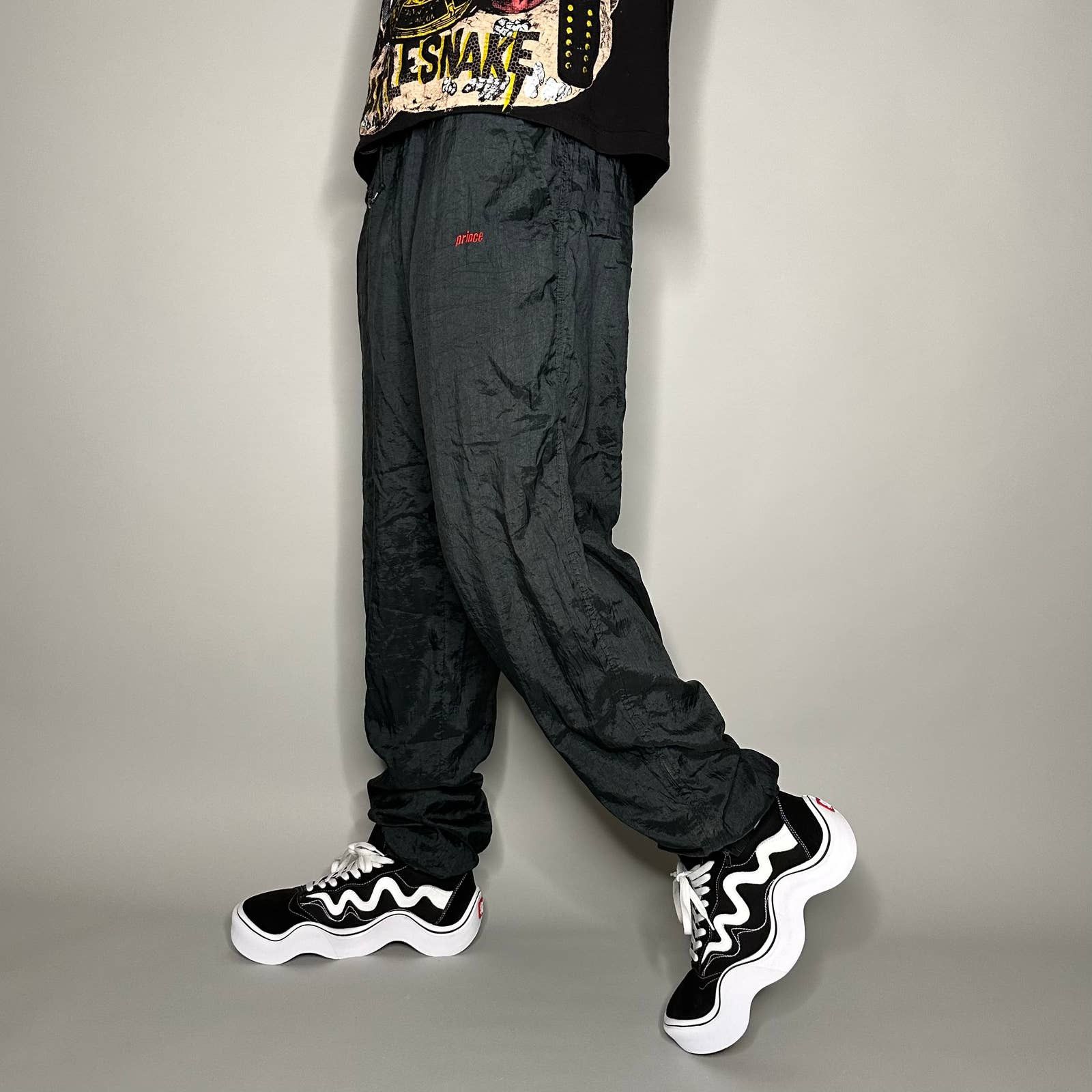 Vintage Vintage Prince Track Pants Jet Black Nylon Baggy Joggers 90s ...