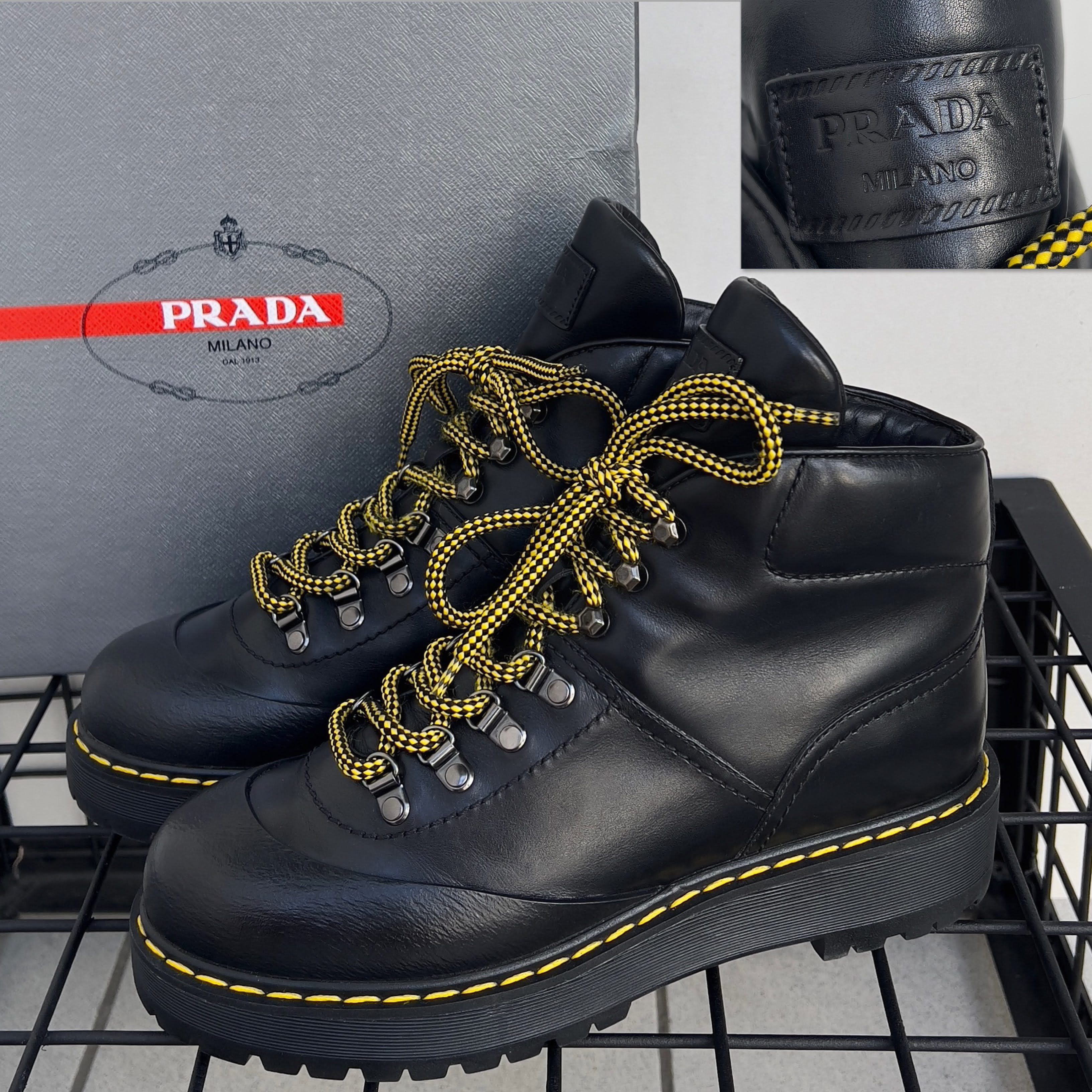 Prada Linea Rossa hiking ankle combat boots black leather | Grailed