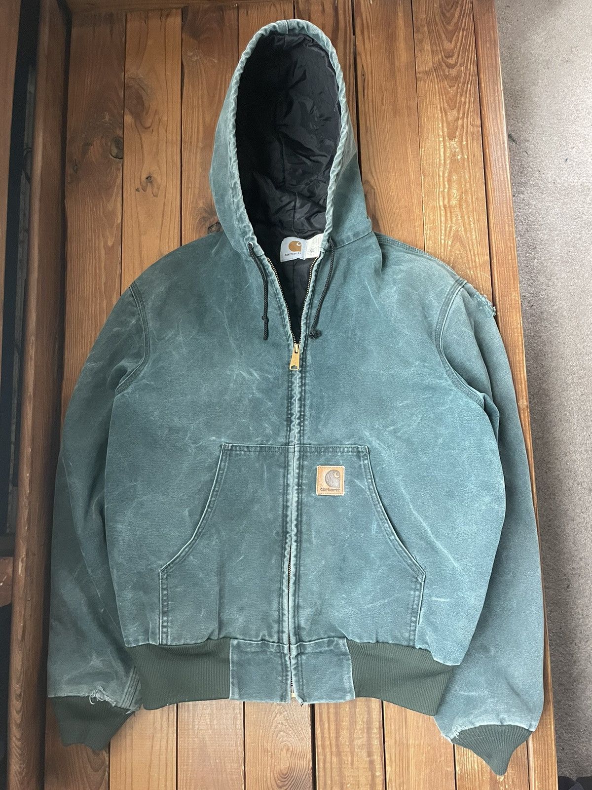 Carhartt × Vintage Vintage 80s Carhartt Usa Faded Green J06 Hooded Work ...