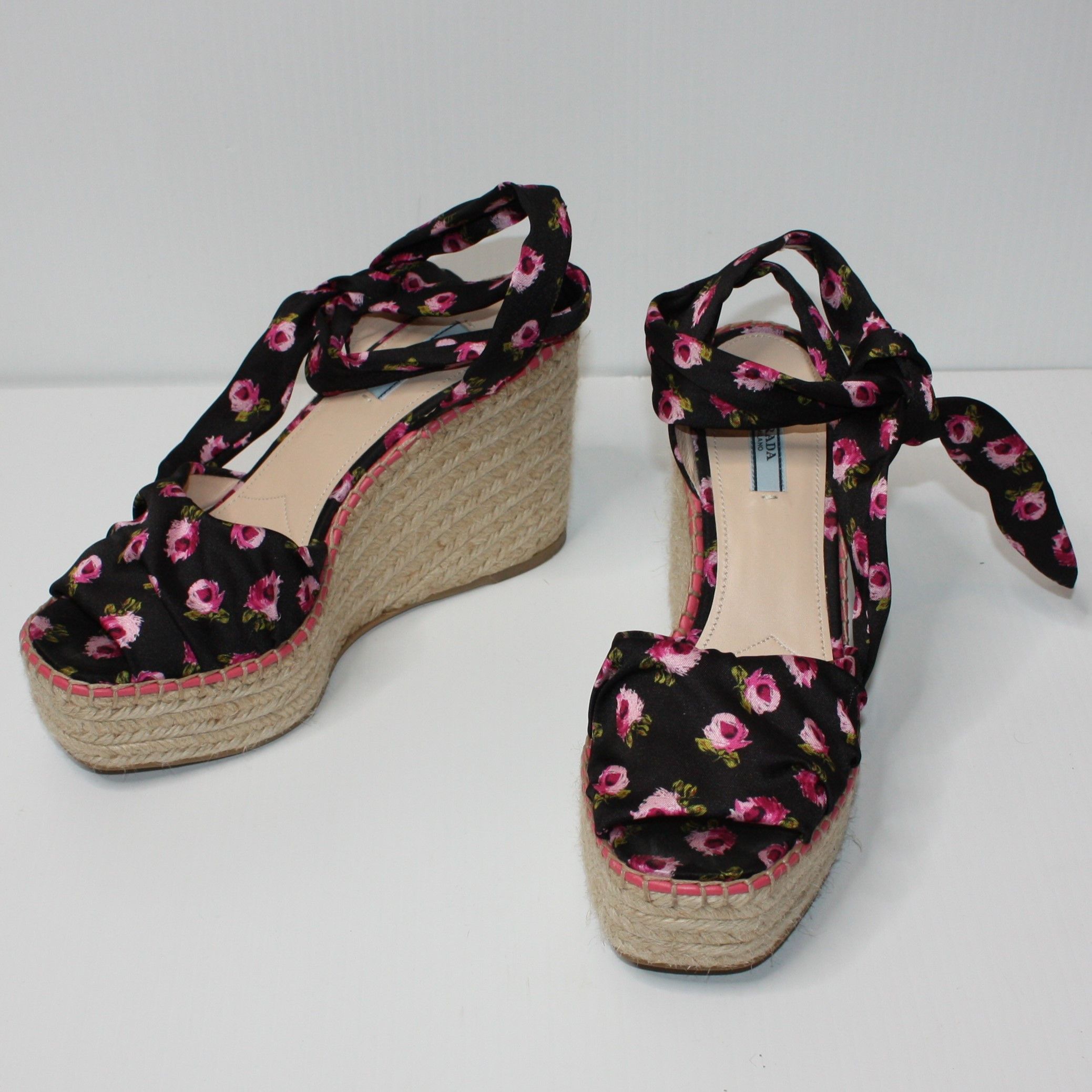 Prada Platform Wedge Espadrille Sandal Shoes in Black Floral US 10 ...