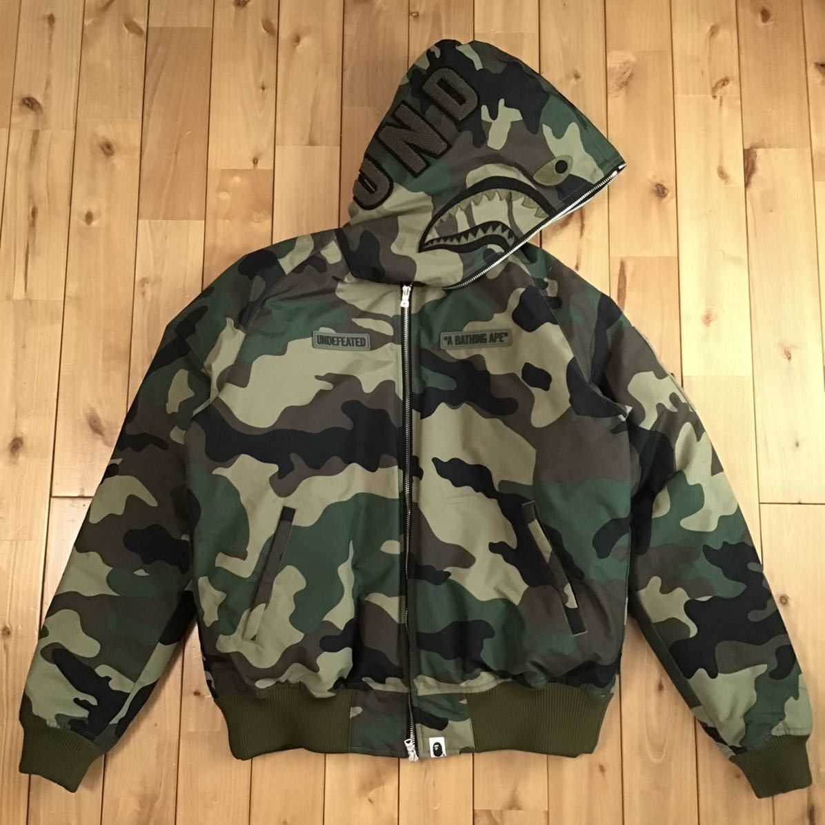 Bape Undefeated × BAPE camo Shark full zip hoodie down jacket | Grailed