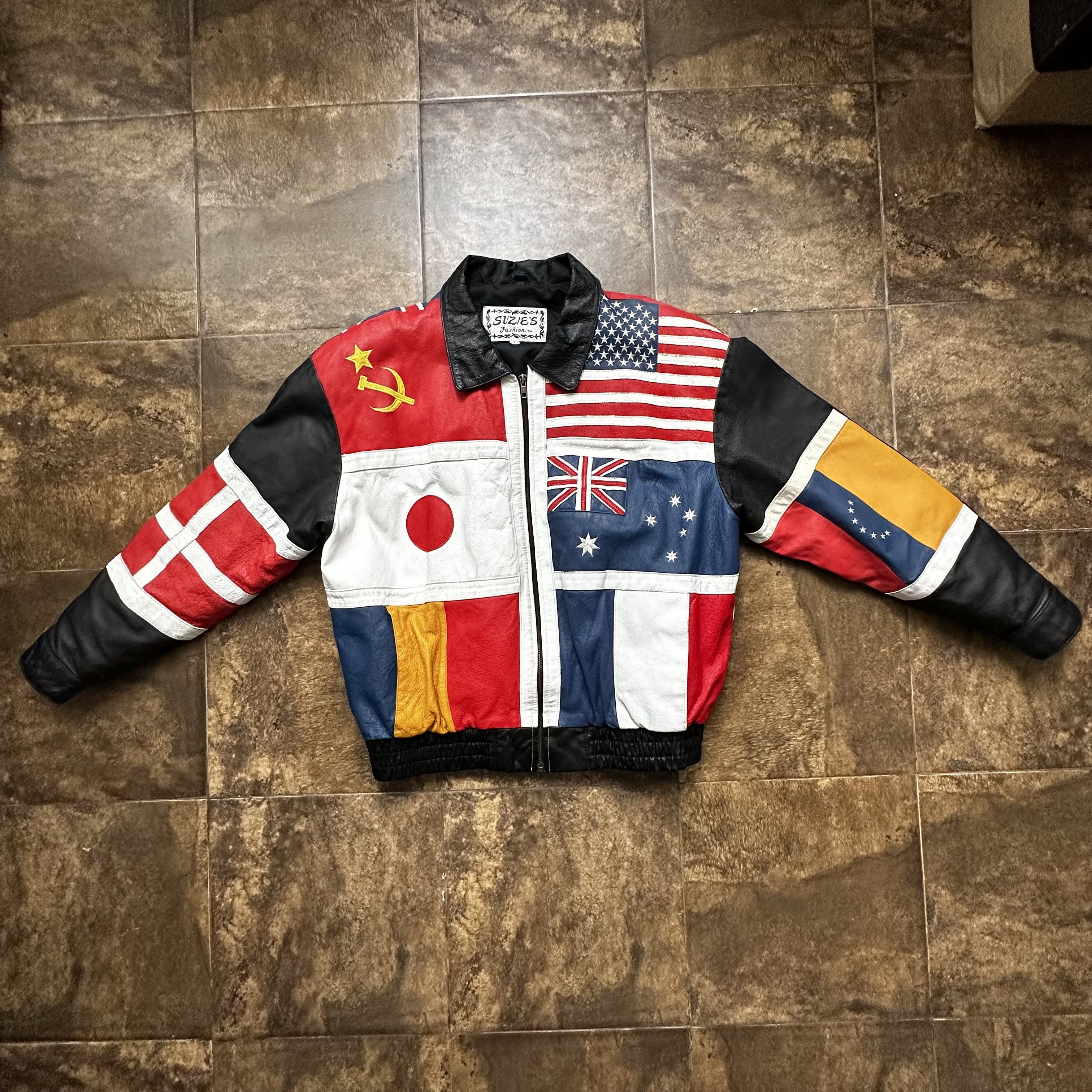 Vintage VINTAGE FLAGS LEATHER JACKET W USSR FLAG | Grailed
