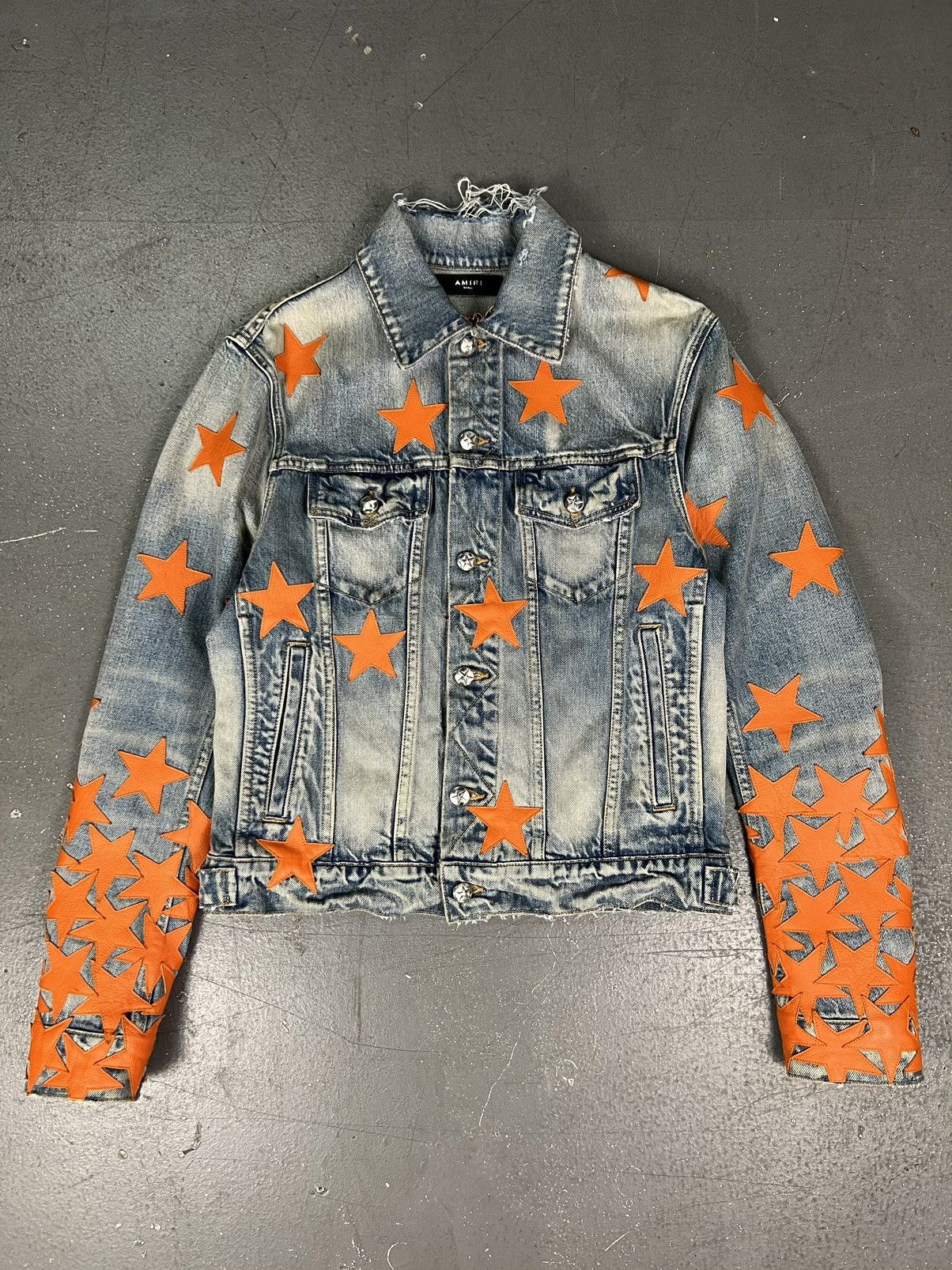 Amiri Amiri Chemist Orange Stars Distressed Denim Jacket | Grailed