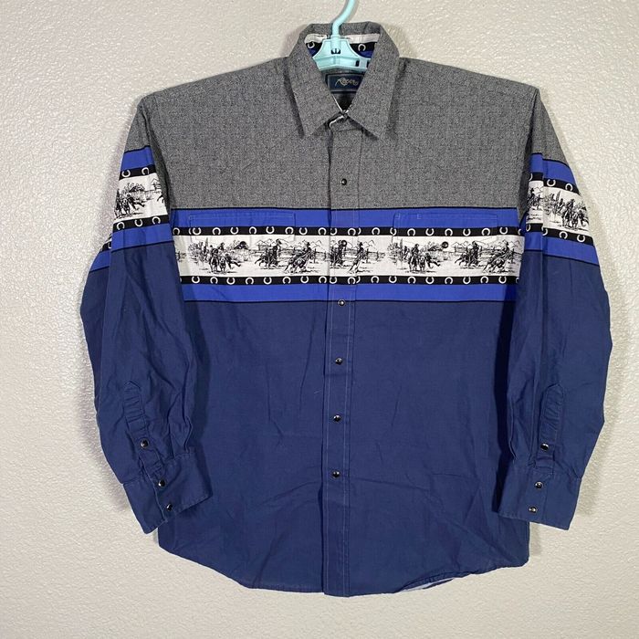 Roper Roper Shirt Mens Medium Blue Gray Pearl Snap Western Cowboy Horse ...