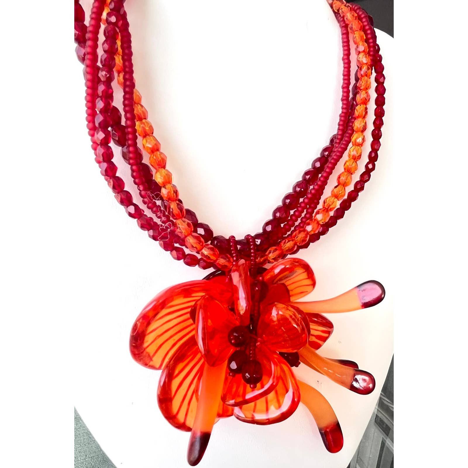 Designer VTG Lalo FLOWER NECKLACE Orange Red Resin Multi Strand Beads ...