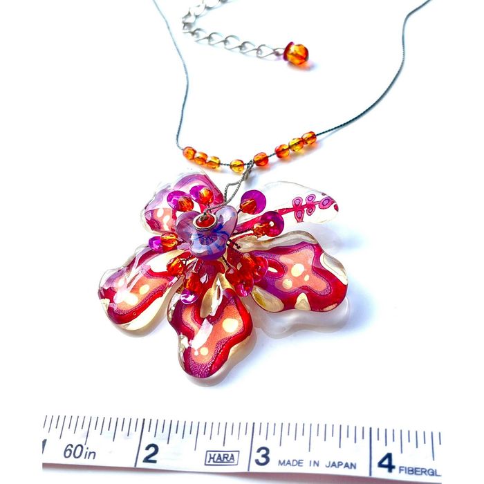 Designer Lalo FLOWER NECKLACE 22" Resin Bead Sequin Silver Tone Chain ...