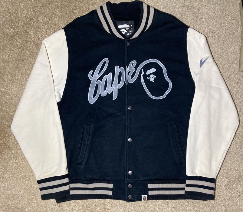 Bape 2004 Bape Black Varsity Jacket Stadium Jacket Cursive Logo | Grailed