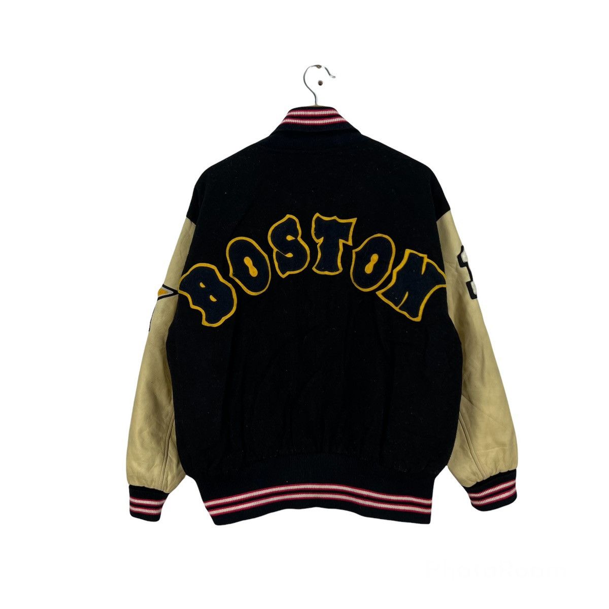 Leather VINTAGE BOSTON VARSITY JACKET BIG LOGO LEATHER HANDLING | Grailed