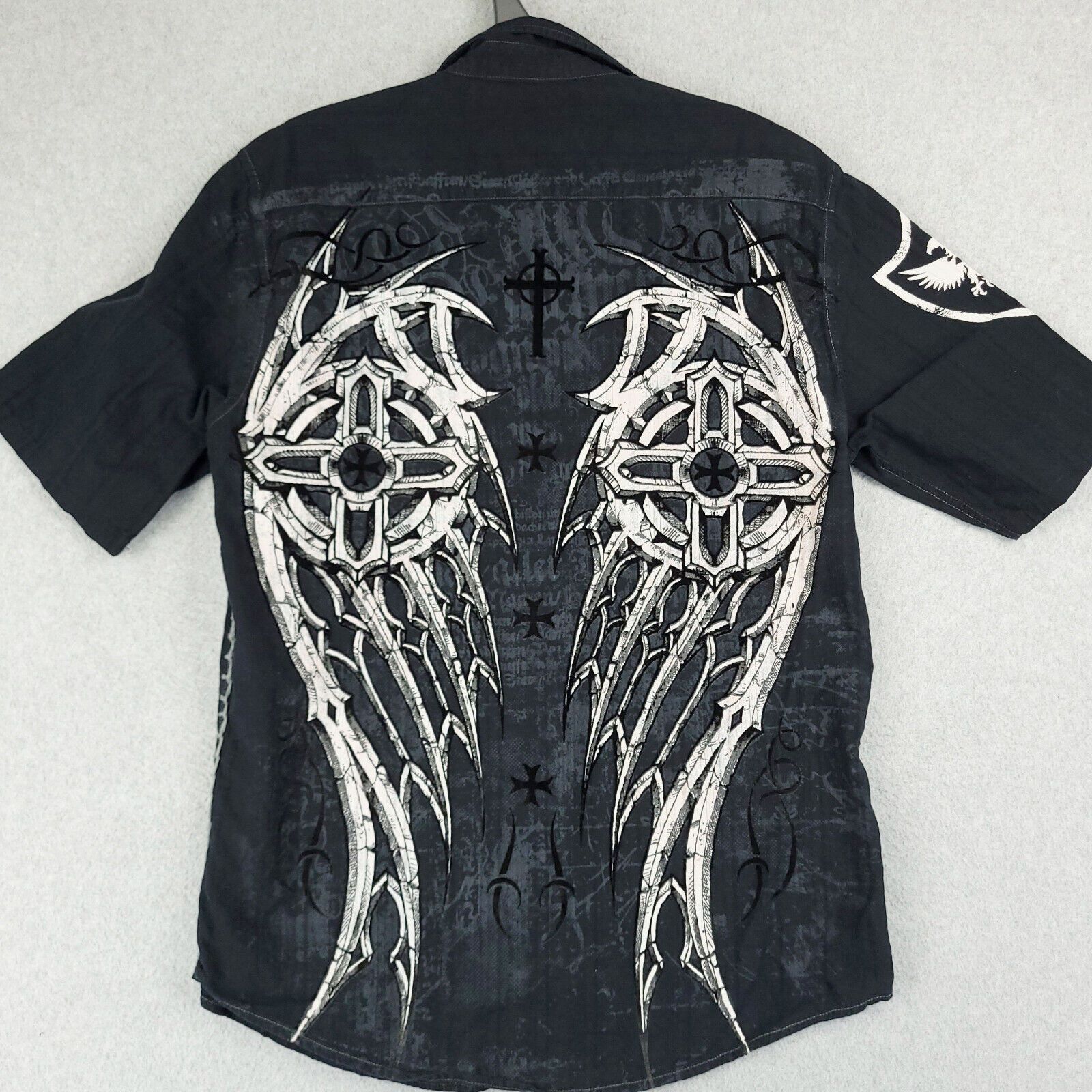 Vintage Raw State Shirt Mens Large Black Short Sleeve Cross Wings ...