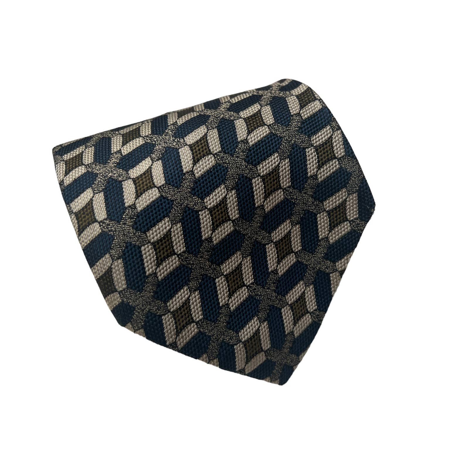 Coach Coach Navy Blue Green Tan Geometric Pattern 100% Silk Tie | Grailed
