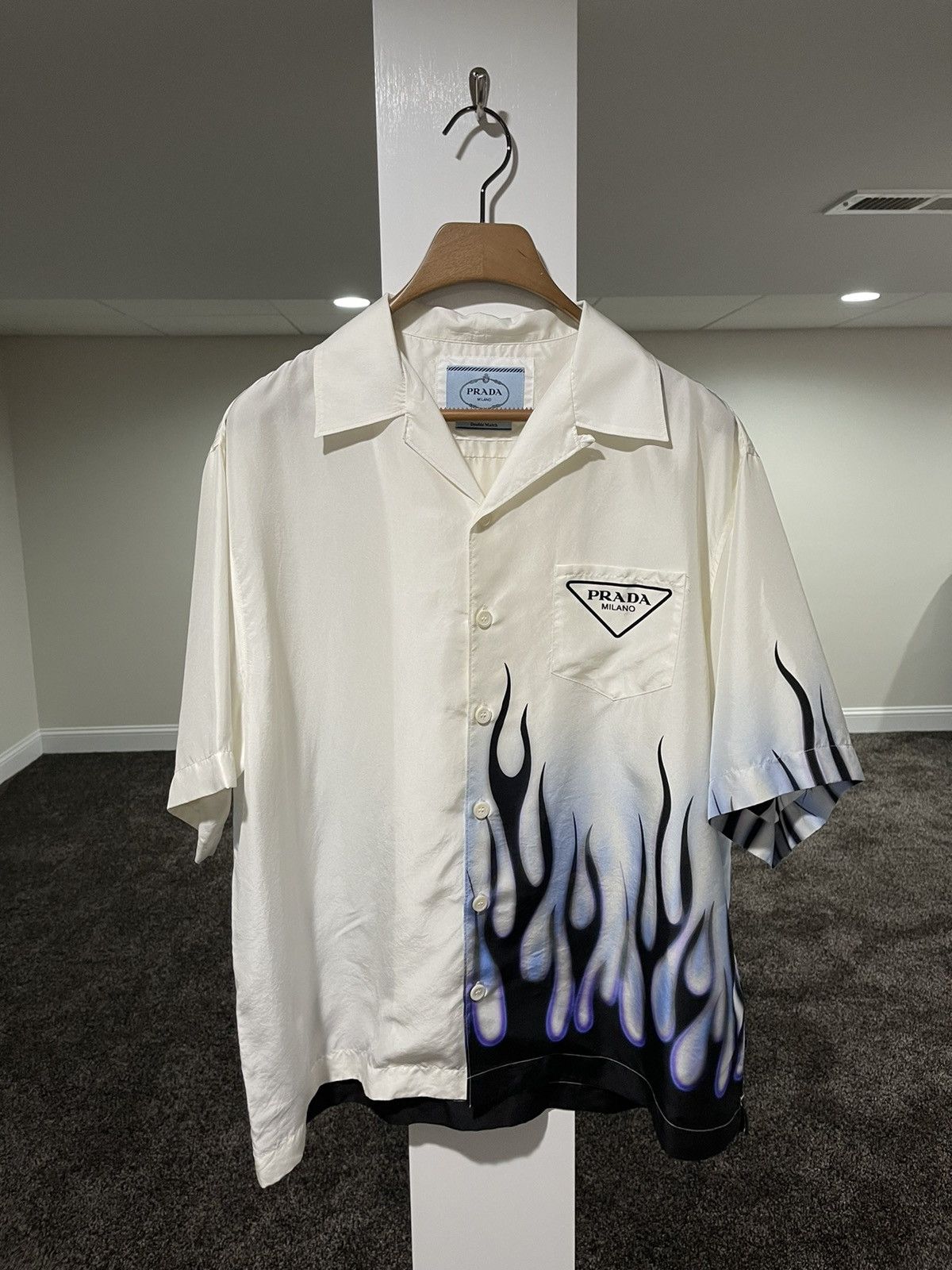 Prada Prada Double Match White / Blue Flames Silk Bowling Shirt | Grailed