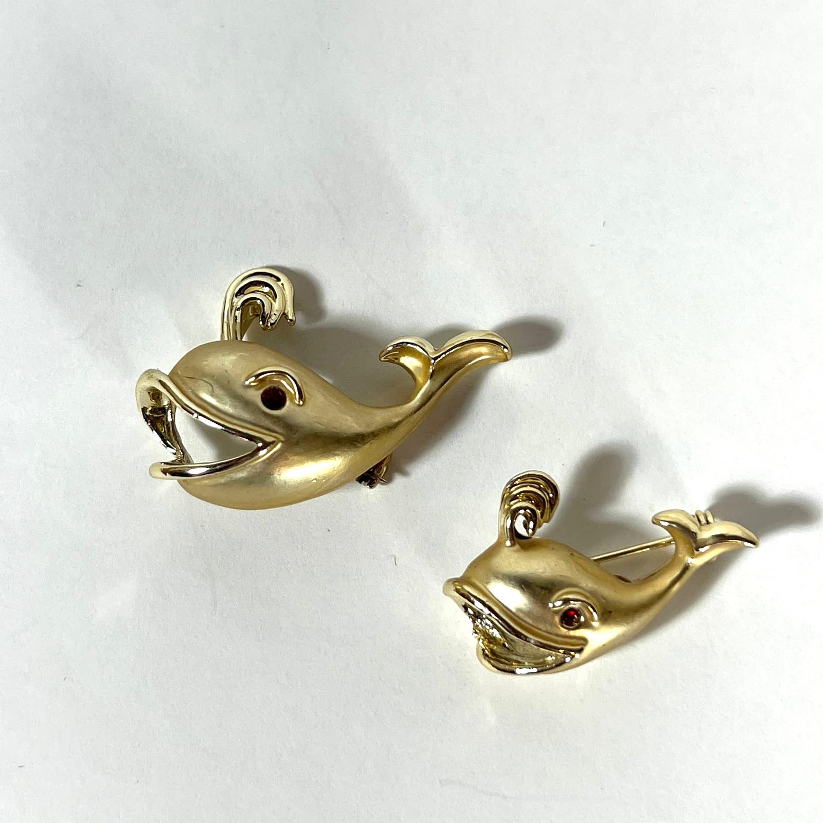 Vintage Two Whale Pins, Vintage Gold Tone Brooch with Red Rhinestone ...