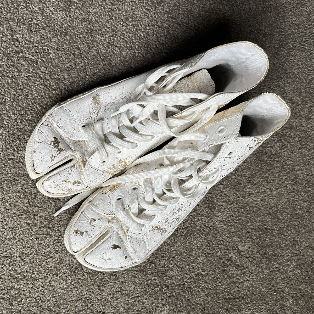 Maison Margiela Paint Crack White Gold Tabi High Top Shoes | Grailed