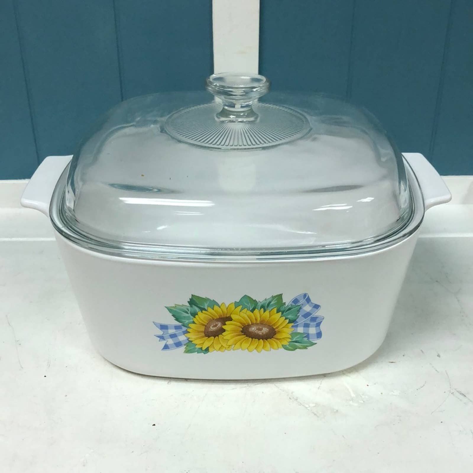 Vintage Vtg Corning Ware pattern 9” x 5” square casserole sunflowers ...