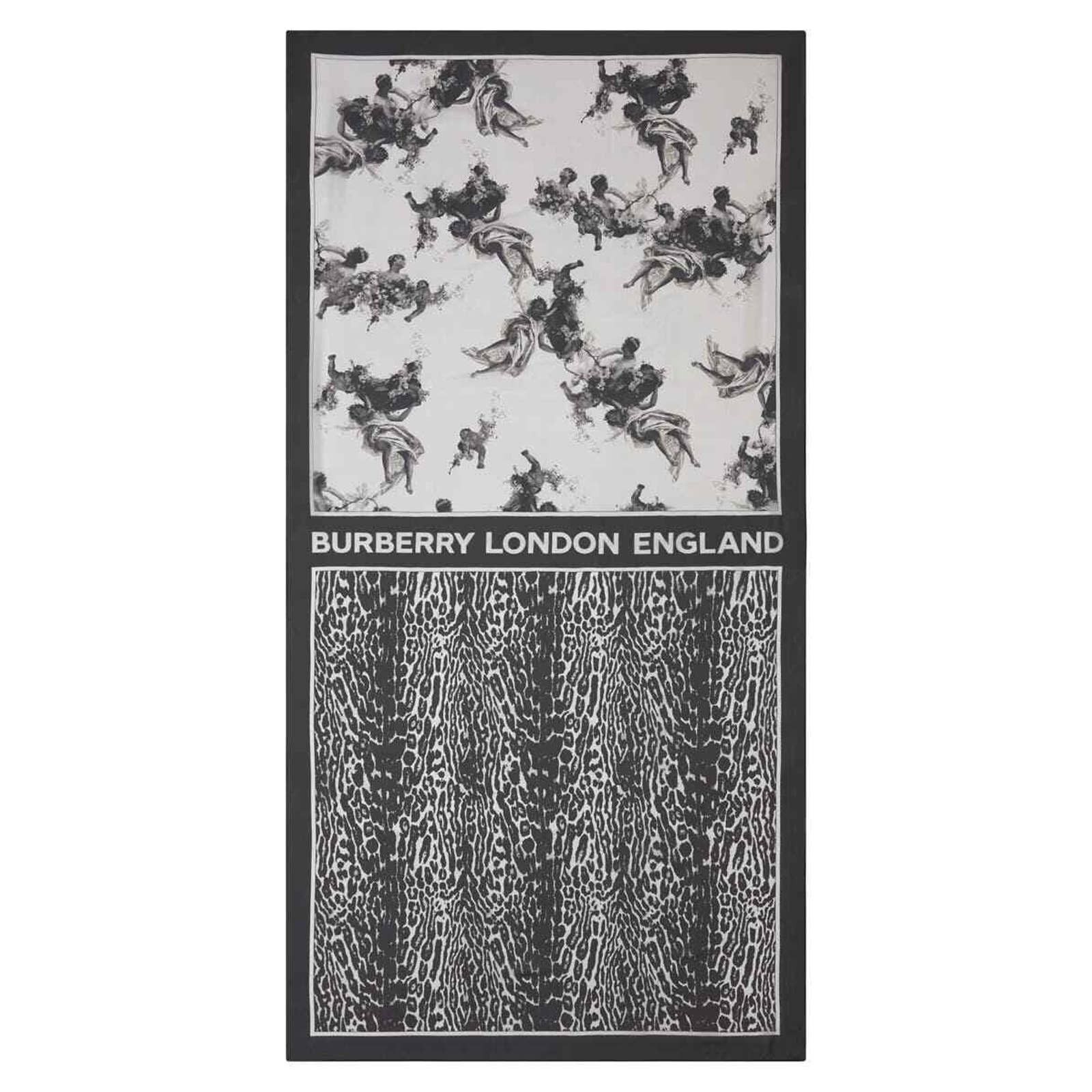 Burberry BLACK WHITE SILK ANGEL LEOPARD PRINT LIGHTWEIGHT SCARF 78X39 ...