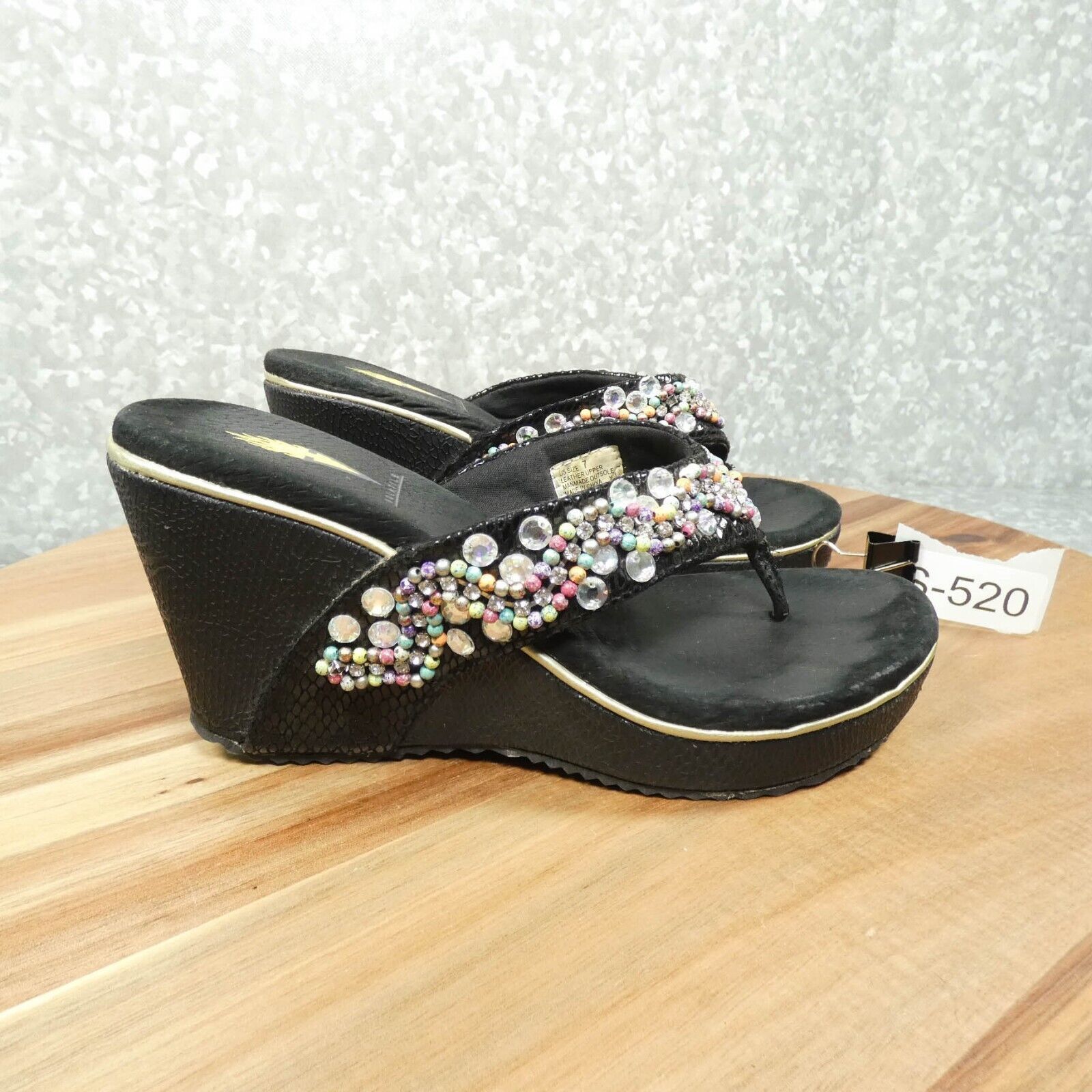 Vintage Volatile Wedge Sandals Womens 7 Black Beaded Leather Thong w 3 ...