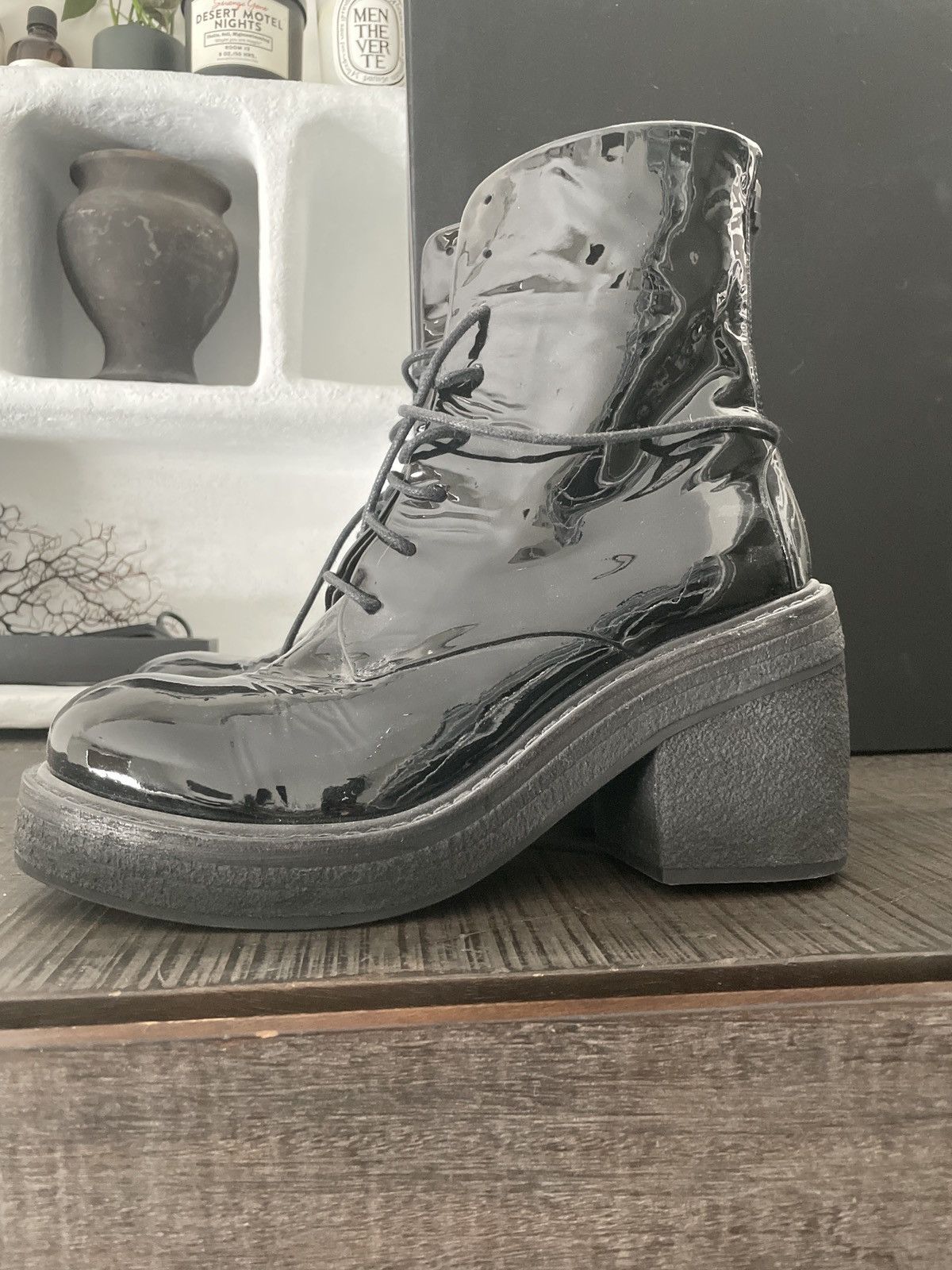 Marsell Patent shine leather heeled laced platform boots kiss strike ...