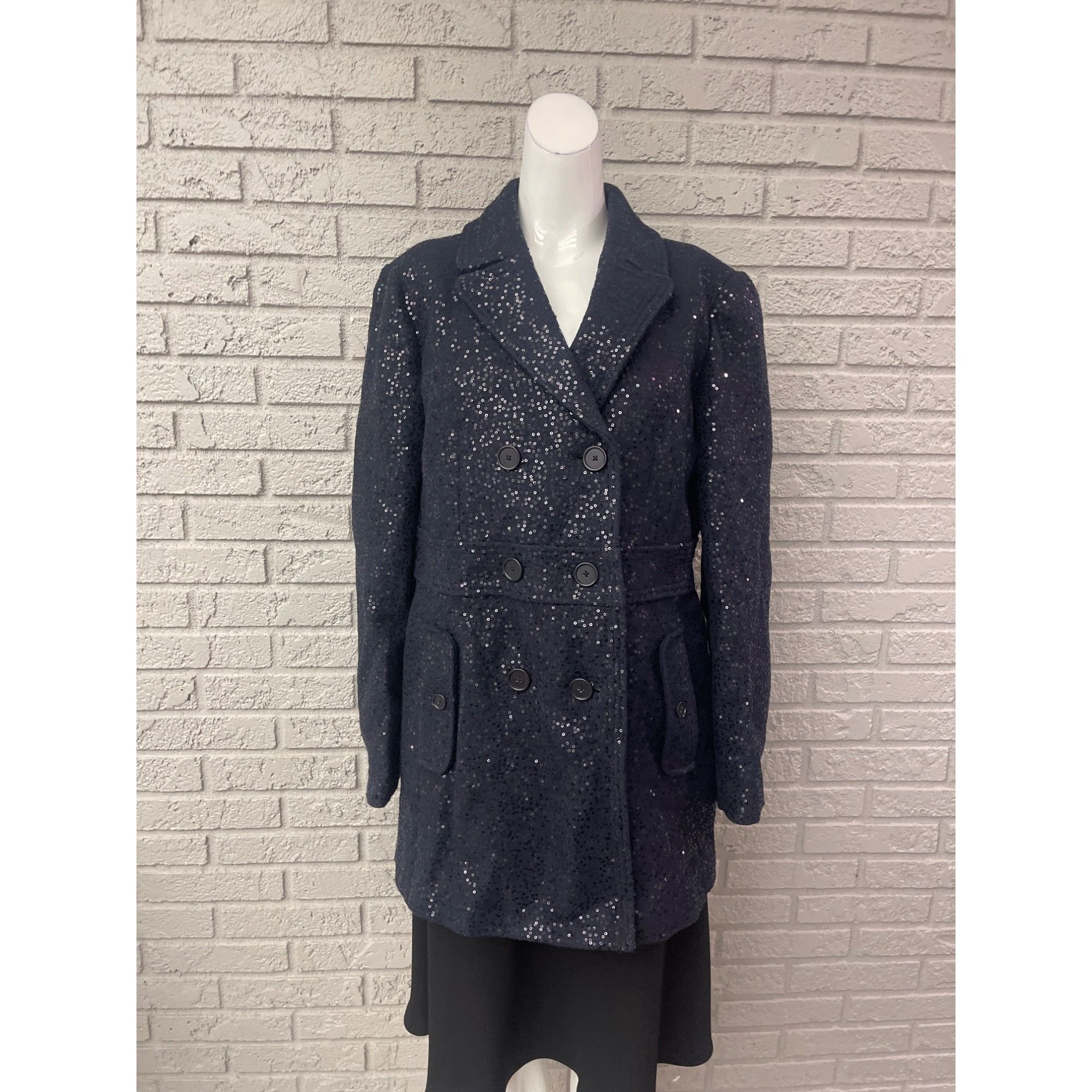Loft Loft Navy Sequin Double Breasted Wool Blend Coat Size 12 | Grailed