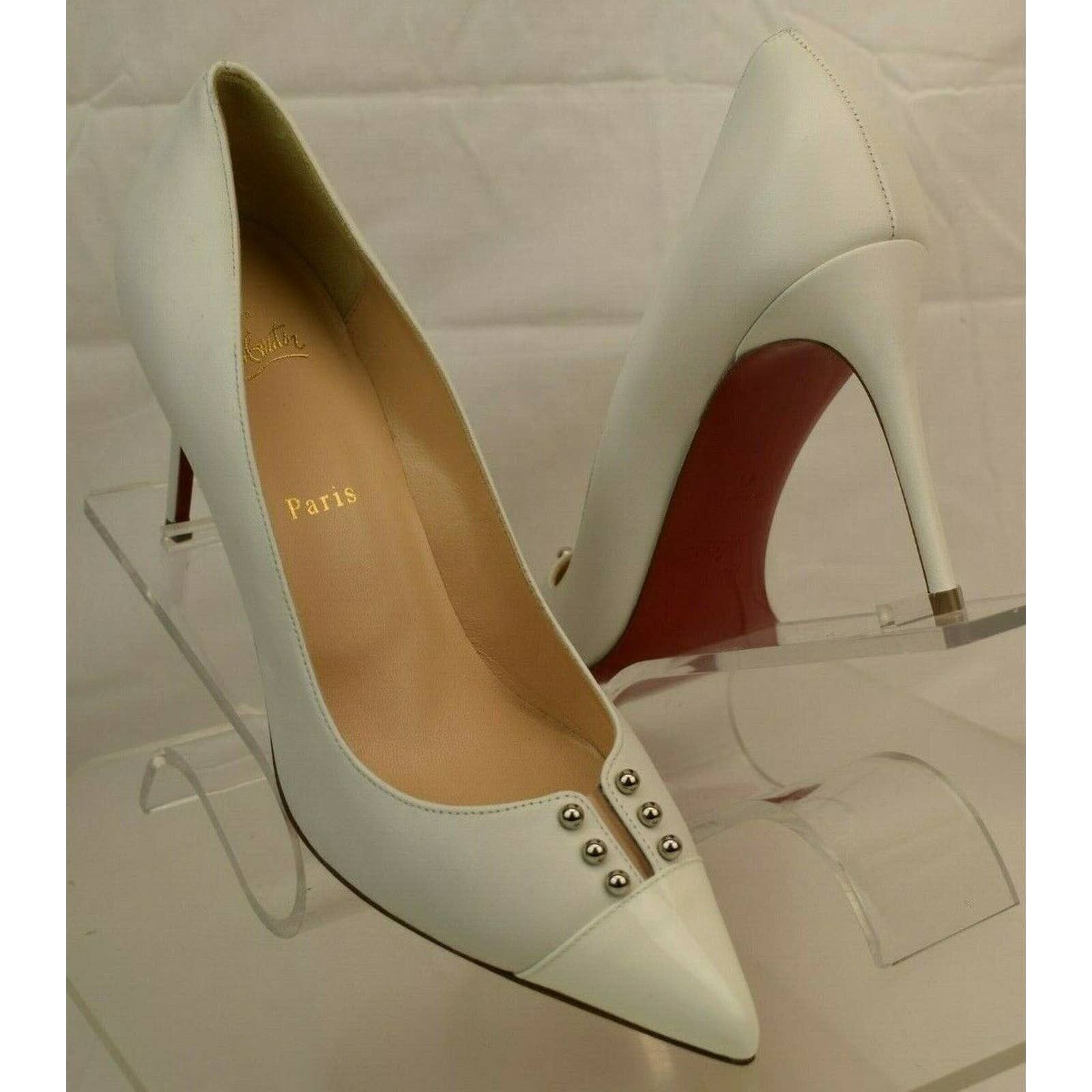 Christian Louboutin PREDUPUMP 85 SNOW WHITE LEATHER STUDS PVC CAP TOE ...