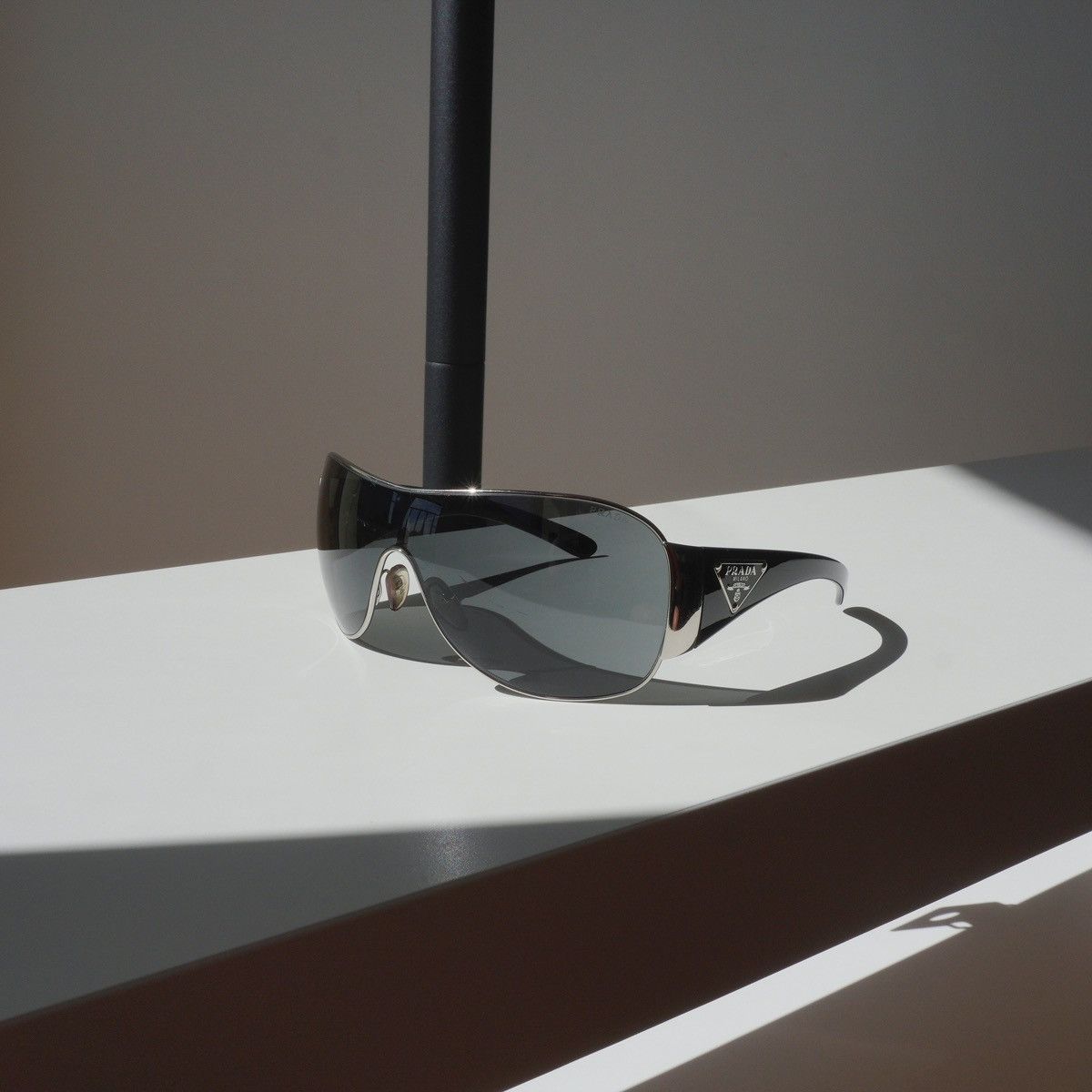 Prada Prada Old Logo Silver Black Shield Sunglasses Grailed