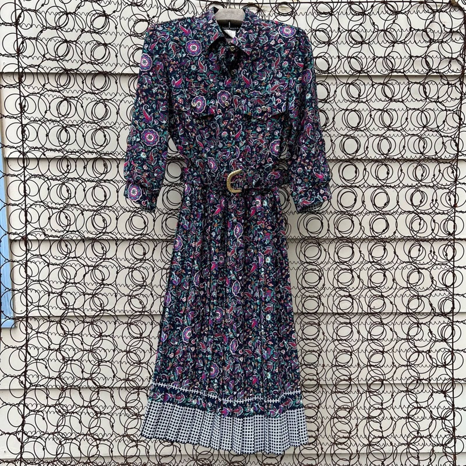 Vintage 80s Breli Floral Paisley Accordion Pleat Dress Matching Belt ...