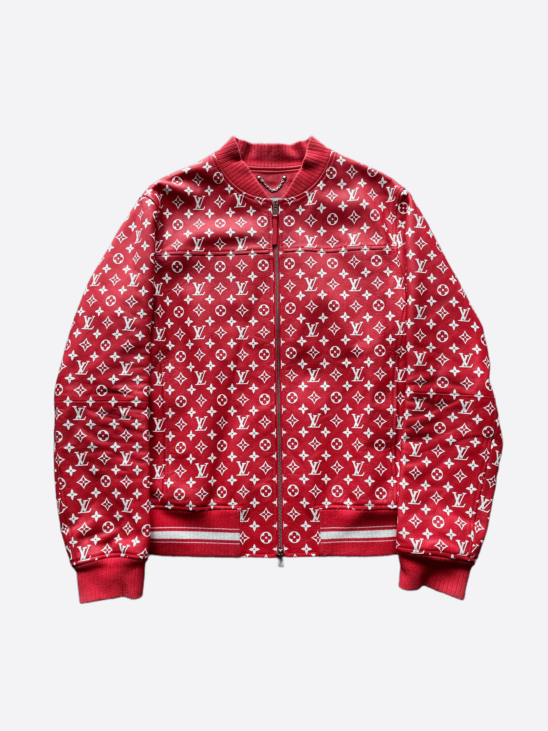 Louis Vuitton × Supreme Louis Vuitton Supreme Red Leather Monogram Bomber Jacket | Grailed