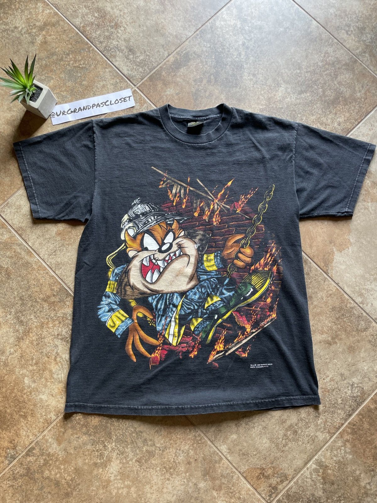 Vintage Vintage 1998 TAZ Fireman Graphic Tee Nice Sunfade & Back Hit ...