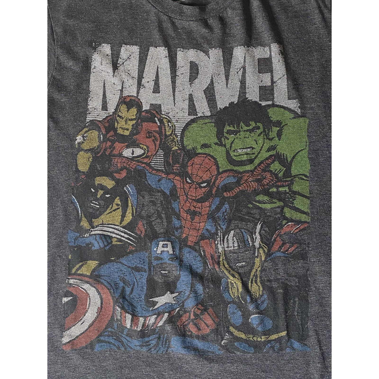 Vintage Marvel Comics Graphic Tee Gray Iron Man Hulk Spiderman Thor ...