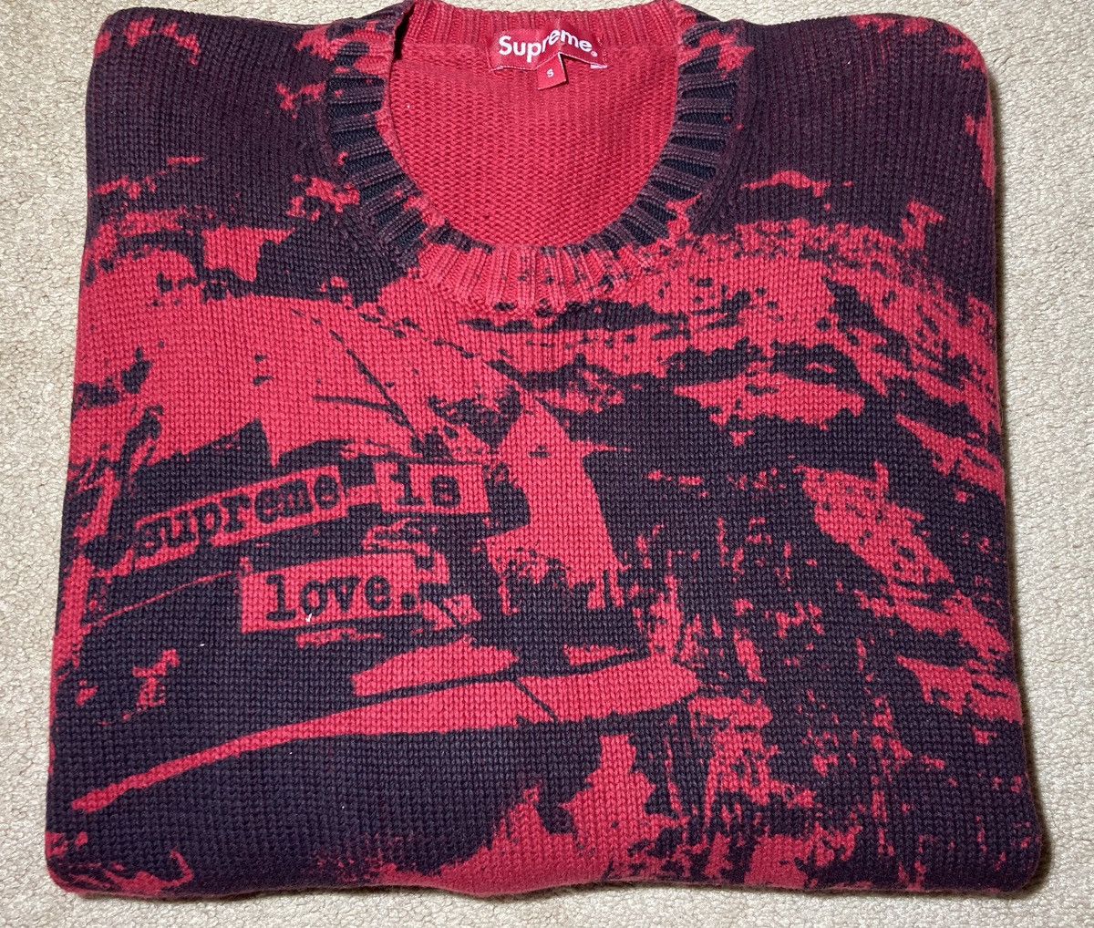 Supreme FW19 Supreme is Love Red Knit Sweater Soldier War Smiths Art ...