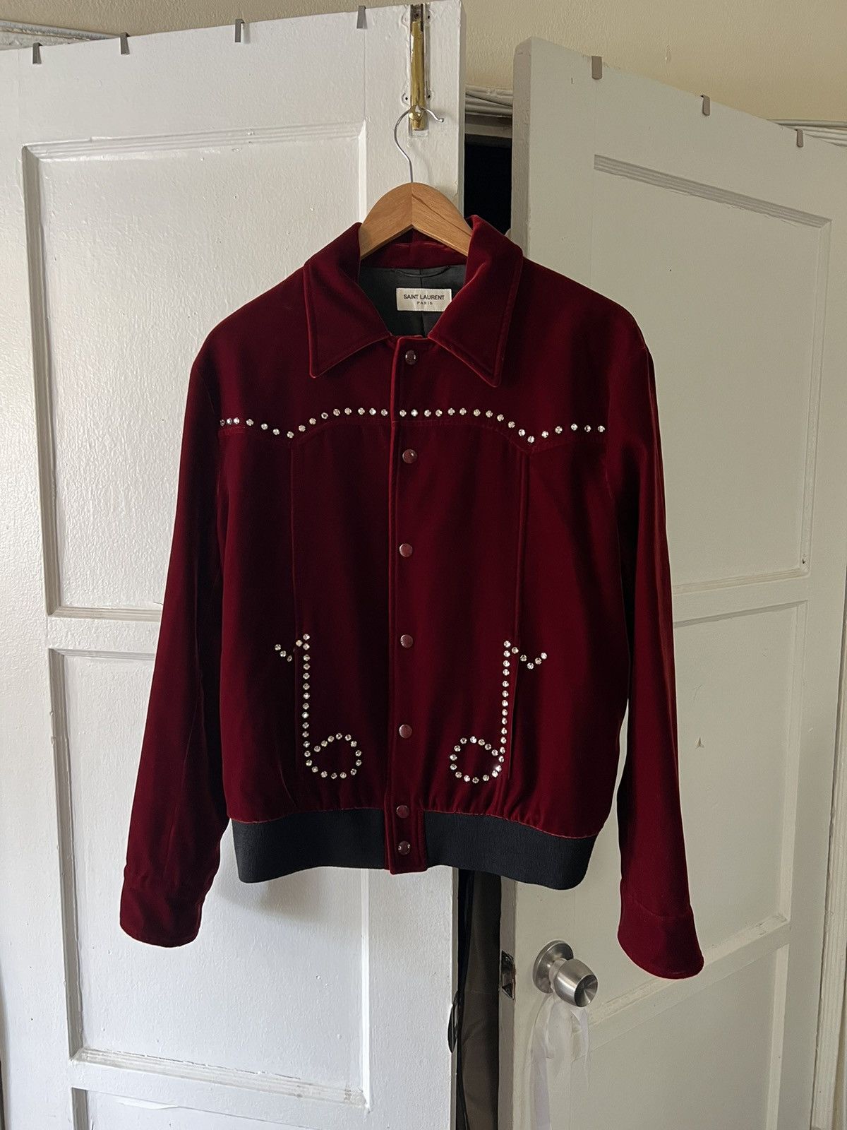 Saint Laurent Paris Hedi Velour crystal embellished music note jacket ...